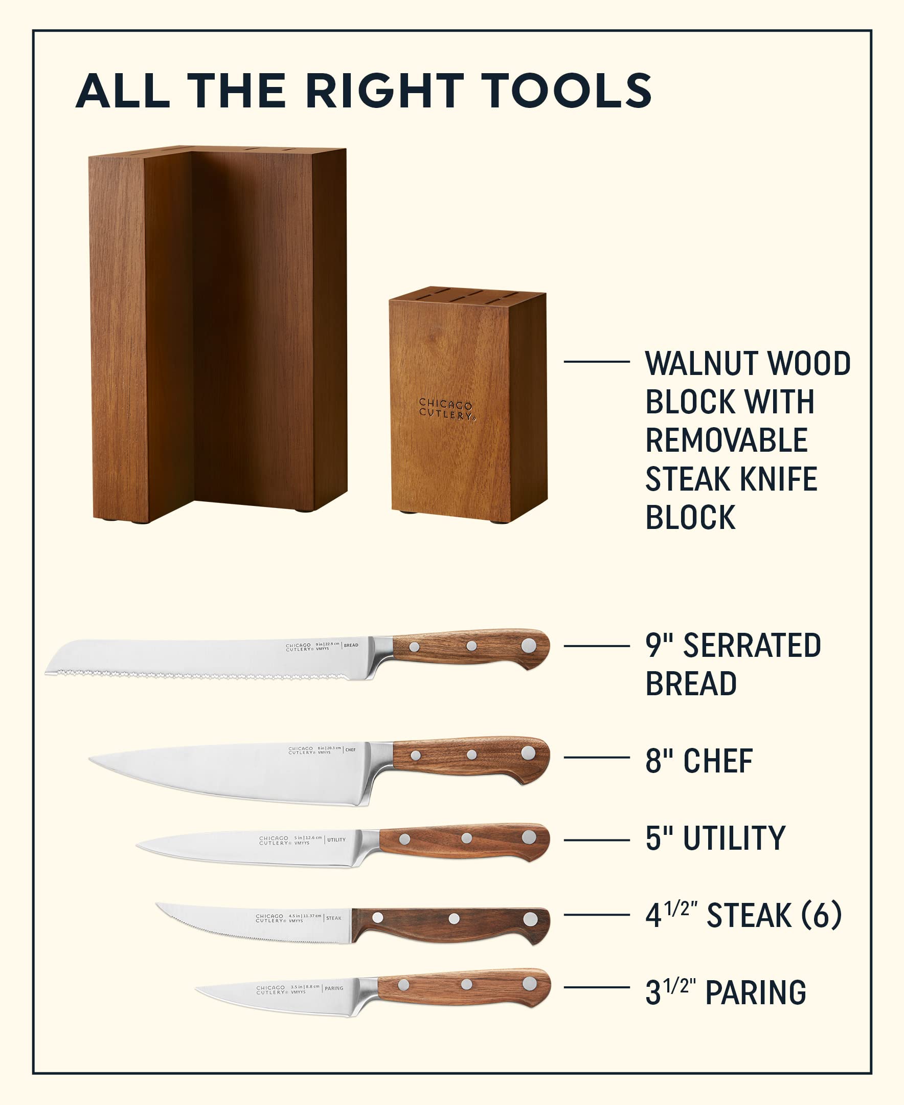 Chicago Cutlery Racine 12-Pc Kitchen Knife Wood Block Set, Stainless Steel Knives, Serrated, Chef, Utility, and Paring Knife, Removable Steak Knife Block, Walnut Handle