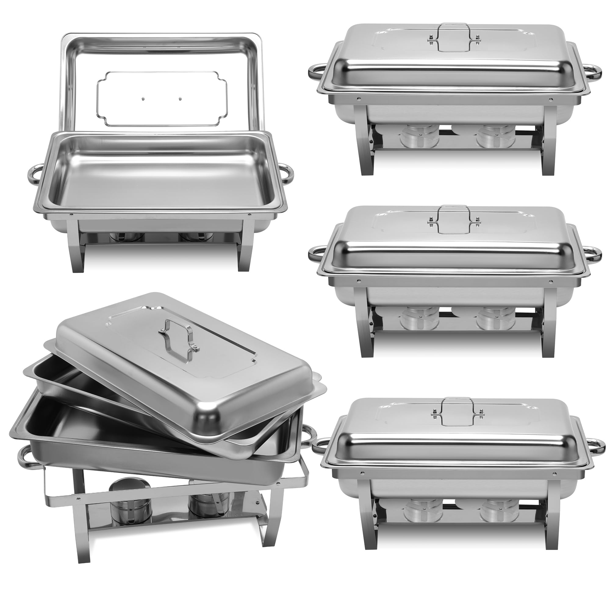 STEELUS 4 Pack Chafing Dish Set with Full Size Food Pan, Stainless Steel Chafer Food Warmer, Complete Set
