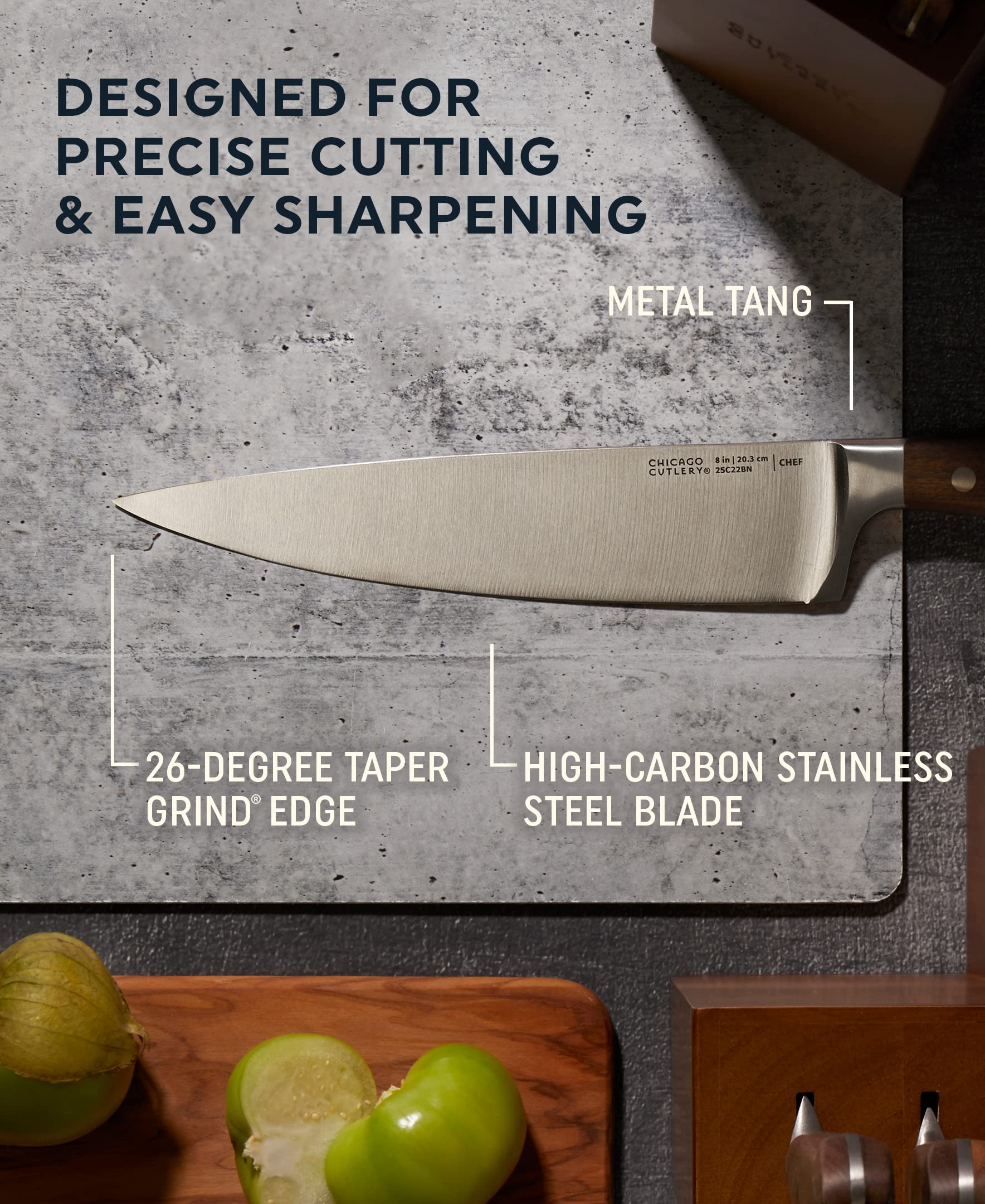 Chicago Cutlery Racine 12-Pc Kitchen Knife Wood Block Set, Stainless Steel Knives, Serrated, Chef, Utility, and Paring Knife, Removable Steak Knife Block, Walnut Handle