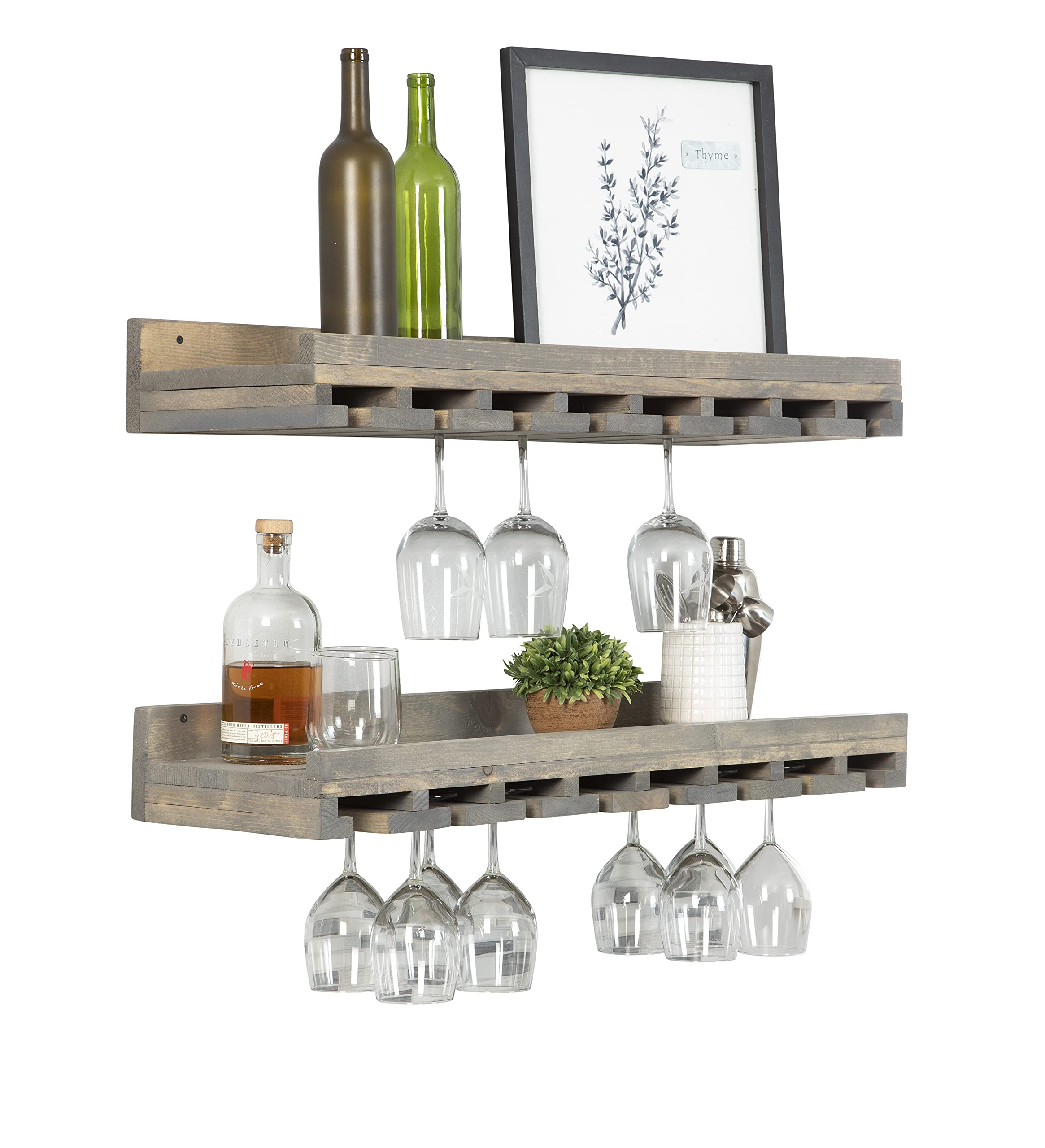 del Hutson Designs Rustic Luxe 36 Inch Farmhouse Solid Natural Pine Wood Wall Mounted Handmade Wine Glass Stemware Holder Rack, Set of 2, Grey