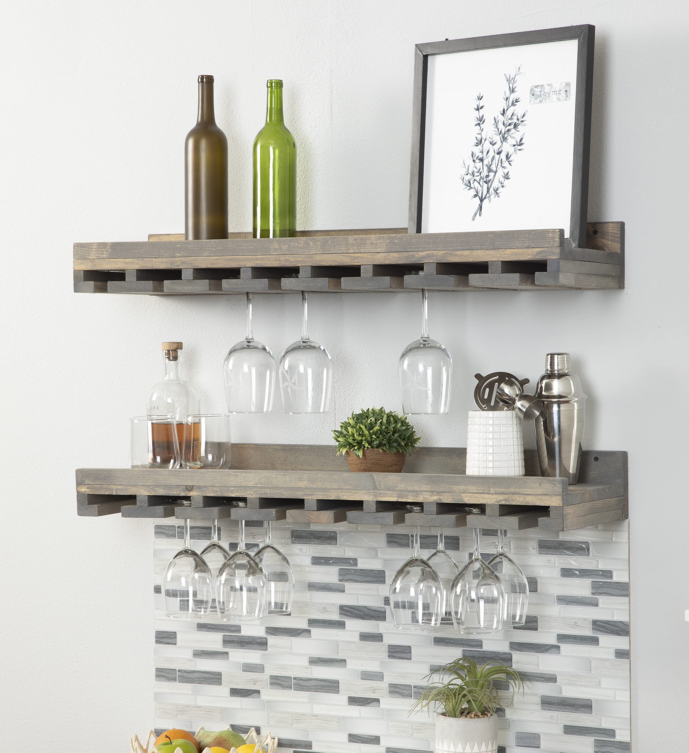 del Hutson Designs Rustic Luxe 36 Inch Farmhouse Solid Natural Pine Wood Wall Mounted Handmade Wine Glass Stemware Holder Rack, Set of 2, Grey