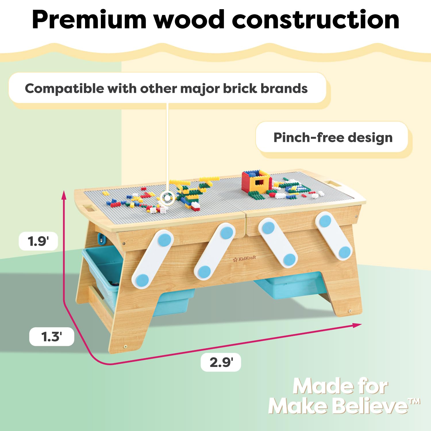 KidKraft Building Bricks Play N Store Wooden Table, Children's Toy Storage with Bins, 200+ Building Blocks Included, Natural, Gift for Ages 3+