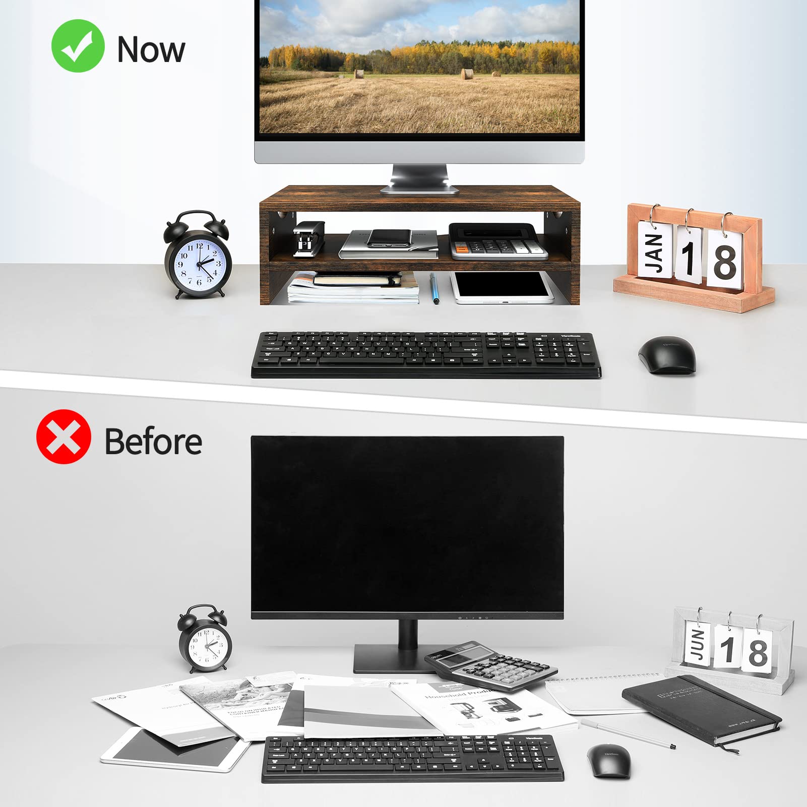 Zimilar Monitor Stand Riser, 2 Tiers Laptop Computer Monitor Riser for PC Screen, iMac, Desktop Wooden Screen Monitor Stand Riser with Storage Organizer for Home Office