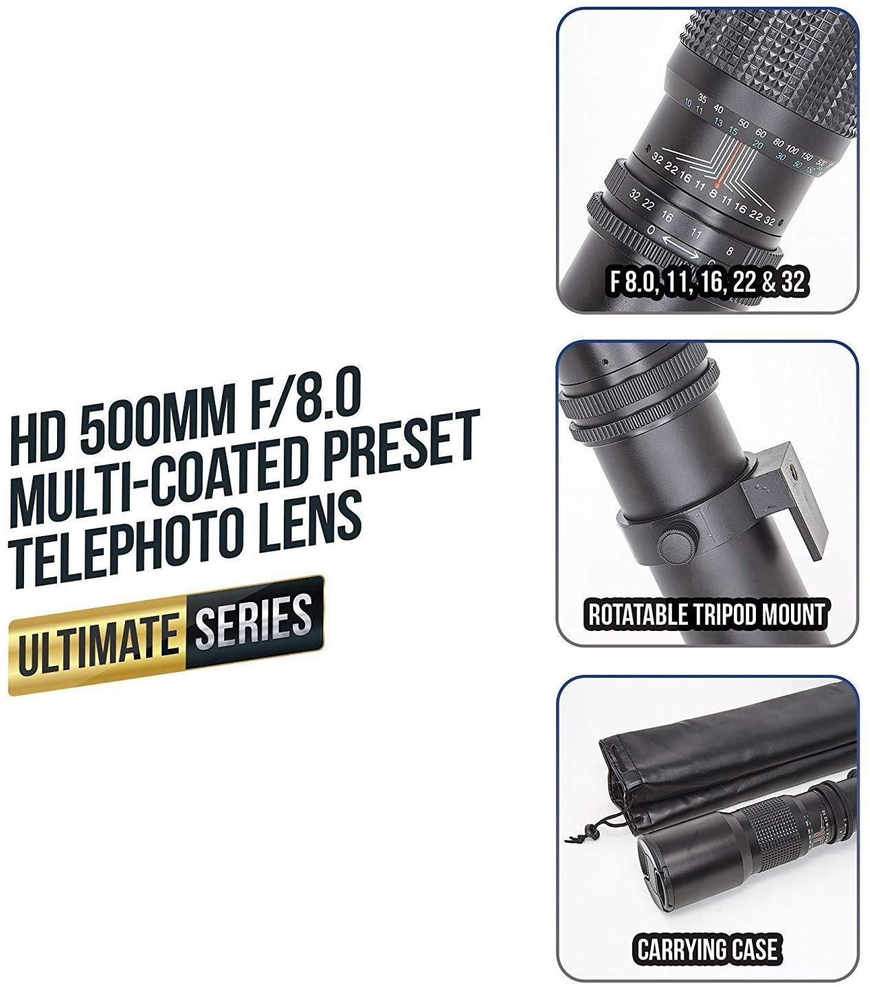 Ultimaxx 500mm (w/ 2X Converter 1000mm) Manual Preset Lens Kit for Canon EOS T5, T5i, T6, T7 T6i, T6s, T7i, SL1, SL2, 60D, 70D, 77D, 80D, 5D III, 5D IV, 6D, 7D, 7D II & More