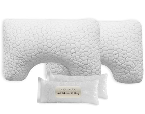Pharmedoc Adjustable Shredded Memory Foam Curved Pillow - Side Sleeper - Deep Center - Neck Pillow for Pain Relief (Queen Bed Pillow 2 Pack)