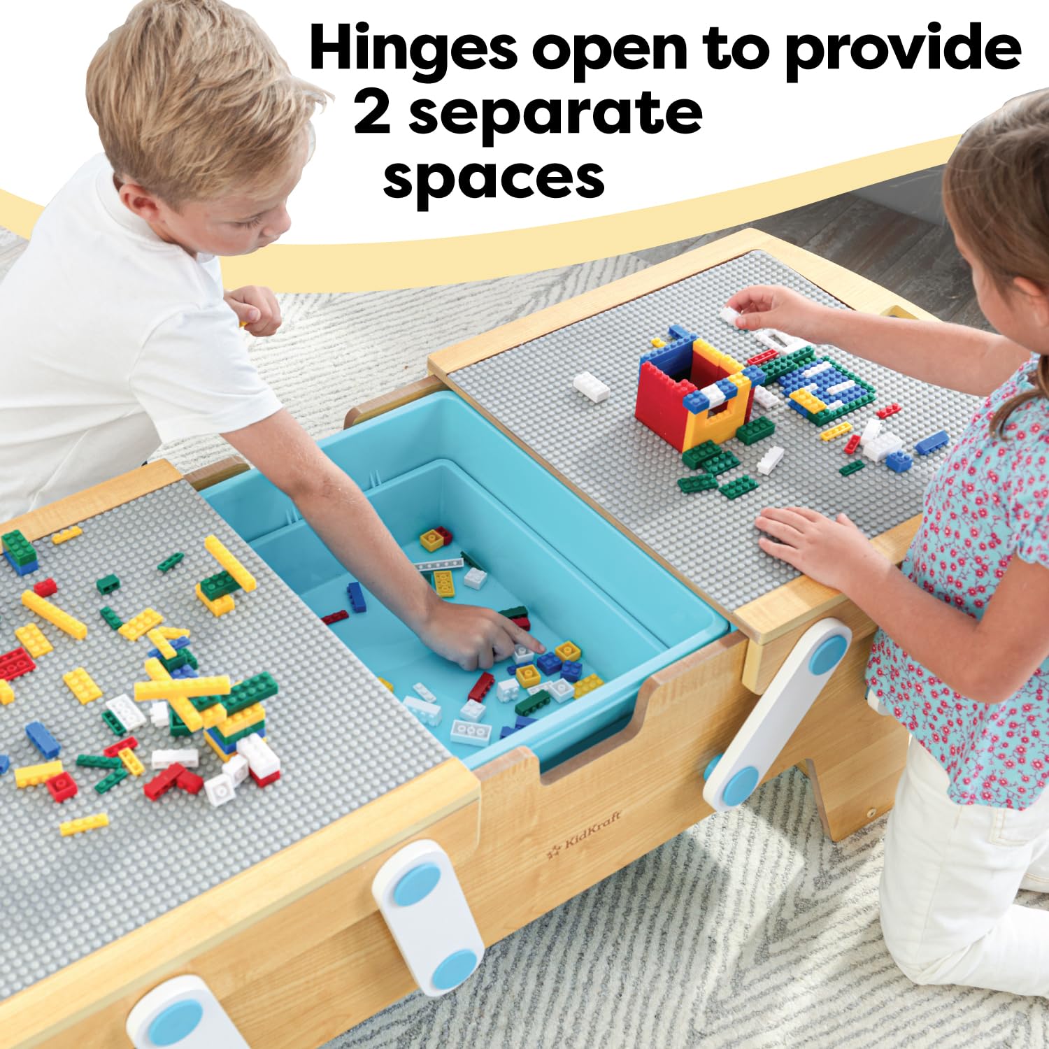 KidKraft Building Bricks Play N Store Wooden Table, Children's Toy Storage with Bins, 200+ Building Blocks Included, Natural, Gift for Ages 3+