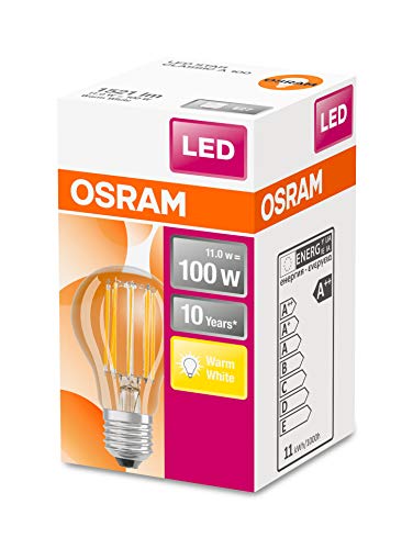 OSRAM LED lamp/Base: E27 / Warm White / 2700 K / 11 W/Replacement for 100 W Incandescent Bulb/Clear/LED Retrofit Classic A [Energy Efficiency Class A++] / Pack of 10