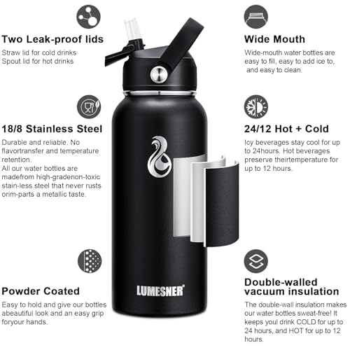 Lumesner Vacuum Insulated Stainless Steel Water Bottle,1200ml/950ml/650ml- 2 Lids (Straw Lid and Spout Lid), 2 Straws Water Bottle (40 oz, Midnight Black)