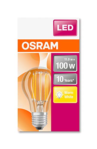 OSRAM LED lamp/Base: E27 / Warm White / 2700 K / 11 W/Replacement for 100 W Incandescent Bulb/Clear/LED Retrofit Classic A [Energy Efficiency Class A++] / Pack of 10
