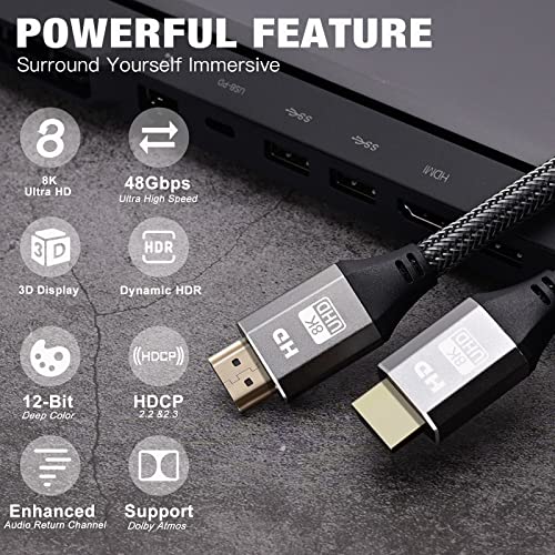 8K HDMI Cable 15 Ft, 2 Pack Ultra High Speed Braided HDMI 2.1 Cord Support 48gbps 8K 60Hz 4K 120Hz 144Hz HDR eARC HDCP 2.2 2.3 for Gaming Compatible with PS4 PS5 Dolby Vision Roku Samsung QLED TV