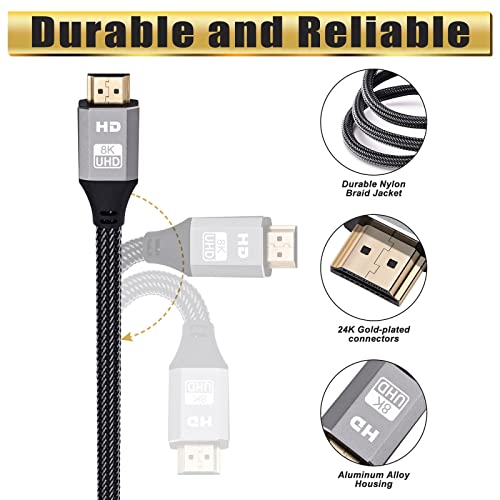 8K HDMI Cable 15 Ft, 2 Pack Ultra High Speed Braided HDMI 2.1 Cord Support 48gbps 8K 60Hz 4K 120Hz 144Hz HDR eARC HDCP 2.2 2.3 for Gaming Compatible with PS4 PS5 Dolby Vision Roku Samsung QLED TV