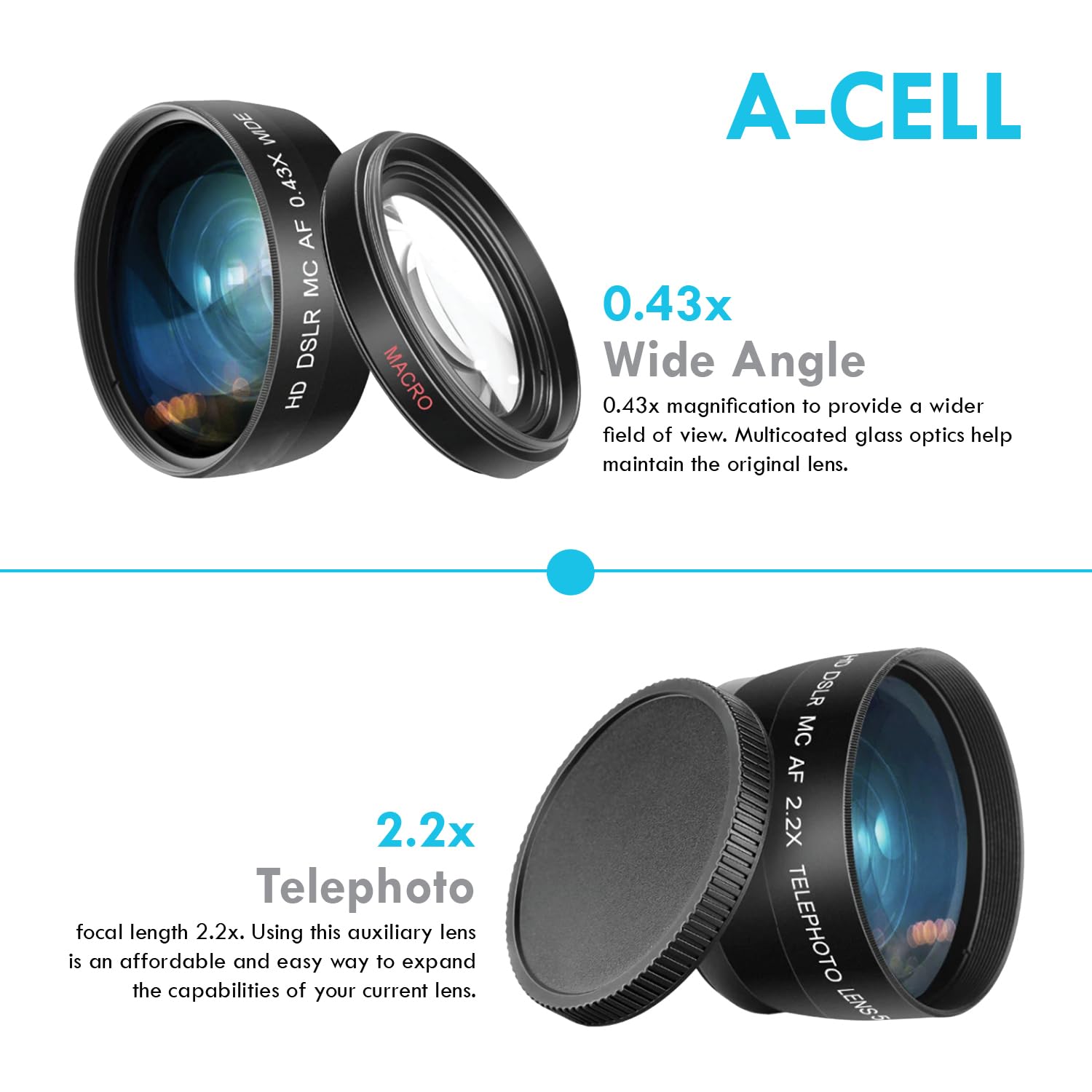 A-Cell Accessory Bundle for Rebel T3, T5, T5i, T6, T6i, T7i, EOS 80D, EOS 77D Cameras with EF-S 18-55mm is II STM Lens - Includes: 7pc 58mm Filter Set + Wide Angle + Telephoto Lens
