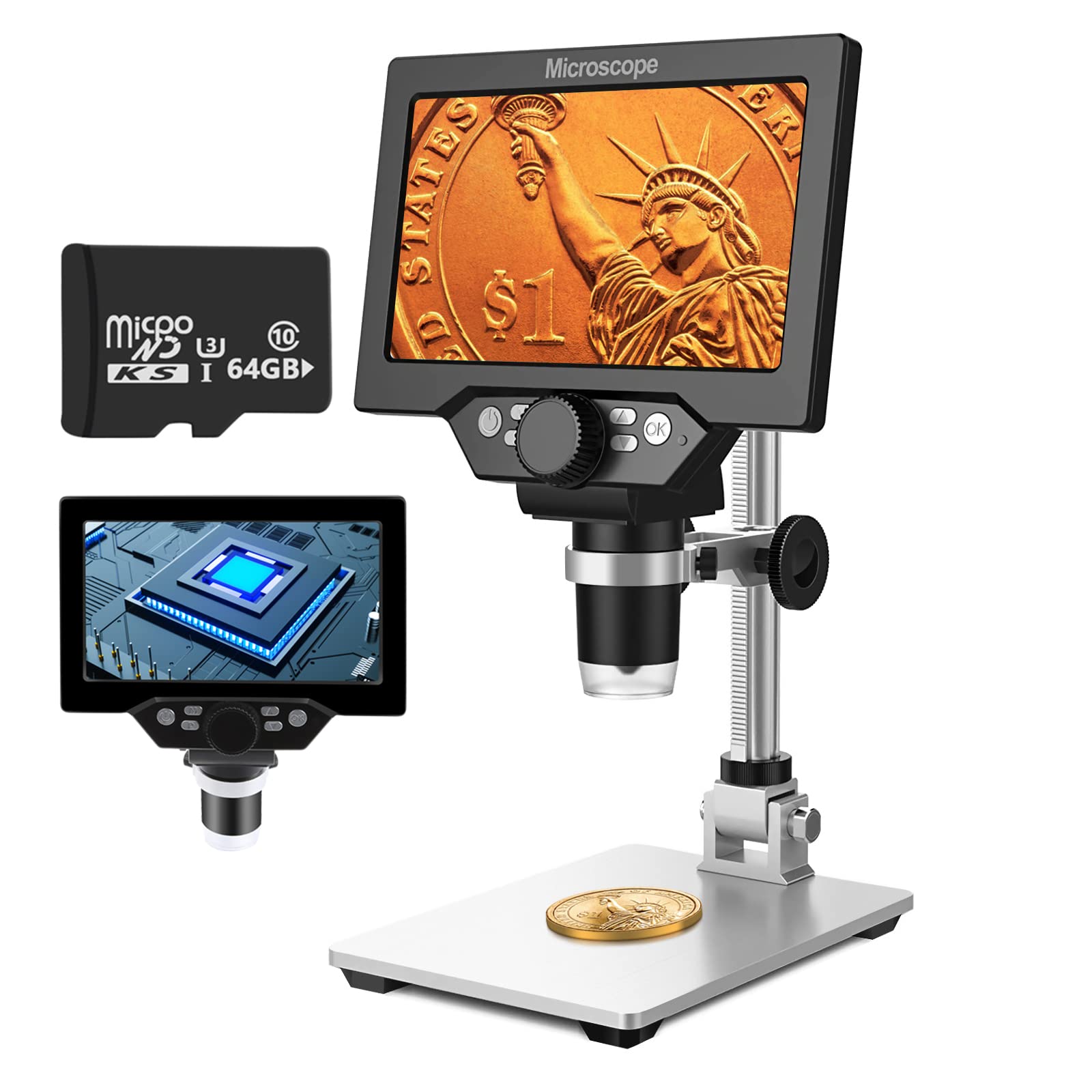 UF-TOOLS 7 Inch LCD Digital Microscope with 64GB TF Card, 1200x Magnification, 12MP Ultra-Precise Focusing Camera 1080P Video Microscope 8 LED Lights for Coin Circuit Board Soldering PC Watch Repair