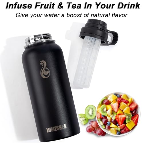 Lumesner Vacuum Insulated Stainless Steel Water Bottle,1200ml/950ml/650ml- 2 Lids (Straw Lid and Spout Lid), 2 Straws Water Bottle (40 oz, Midnight Black)