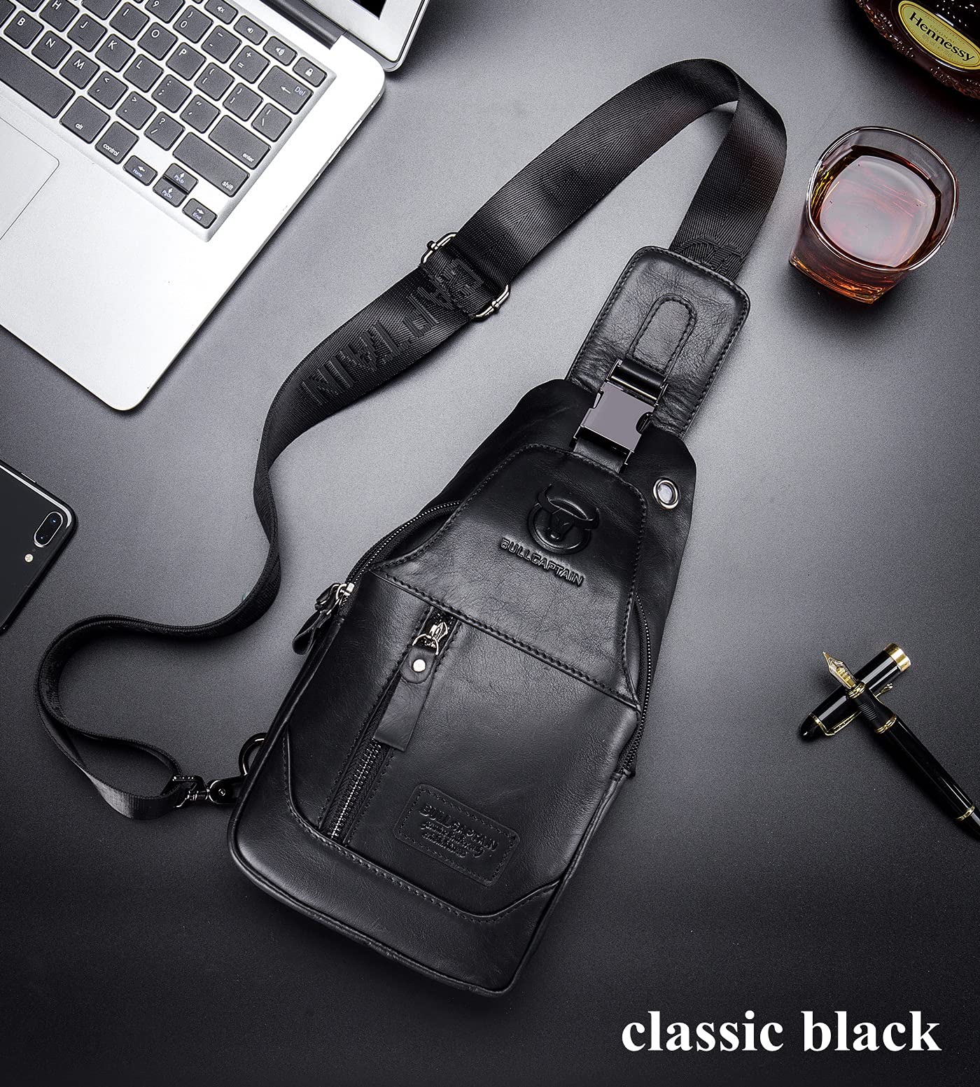 BULLCAPTAIN Genuine Leather Men's Sling Shoulder Backpack Multi-pocket Crossbody Chest Bags Travel Hiking Daypack with Earphone Hole (Black)