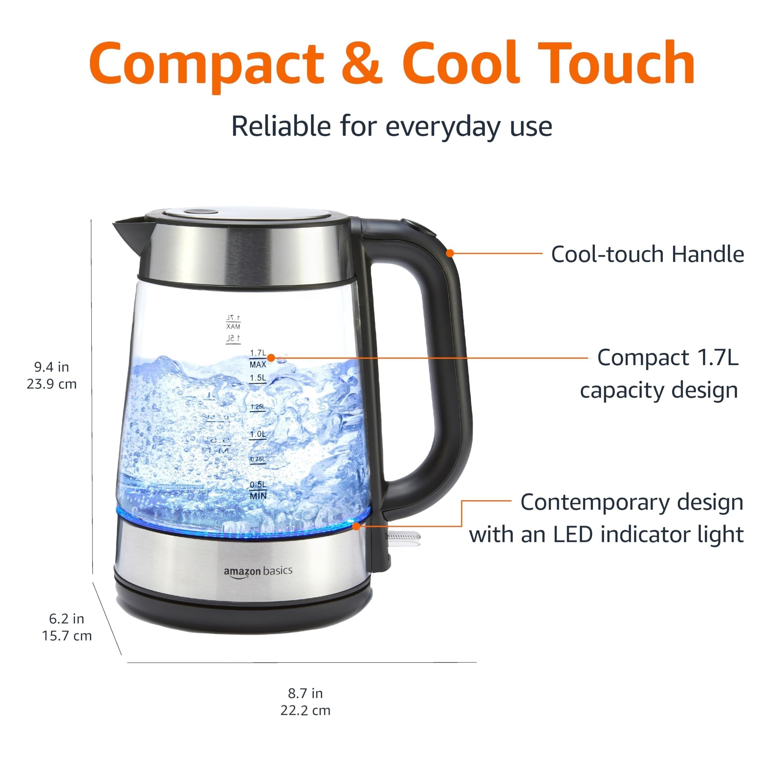 Amazon Basics Electric Glass and Steel Hot Tea Water Kettle, 1.7-Liter