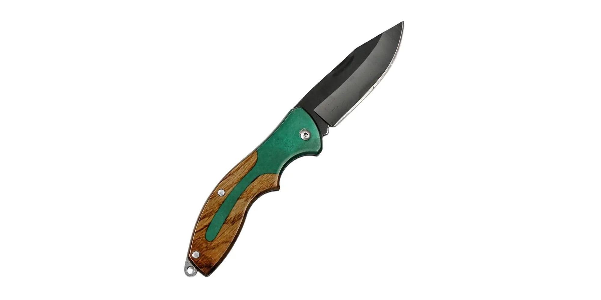 Green and Wood Handle Pocket Knife Camping Thin and Lightweight