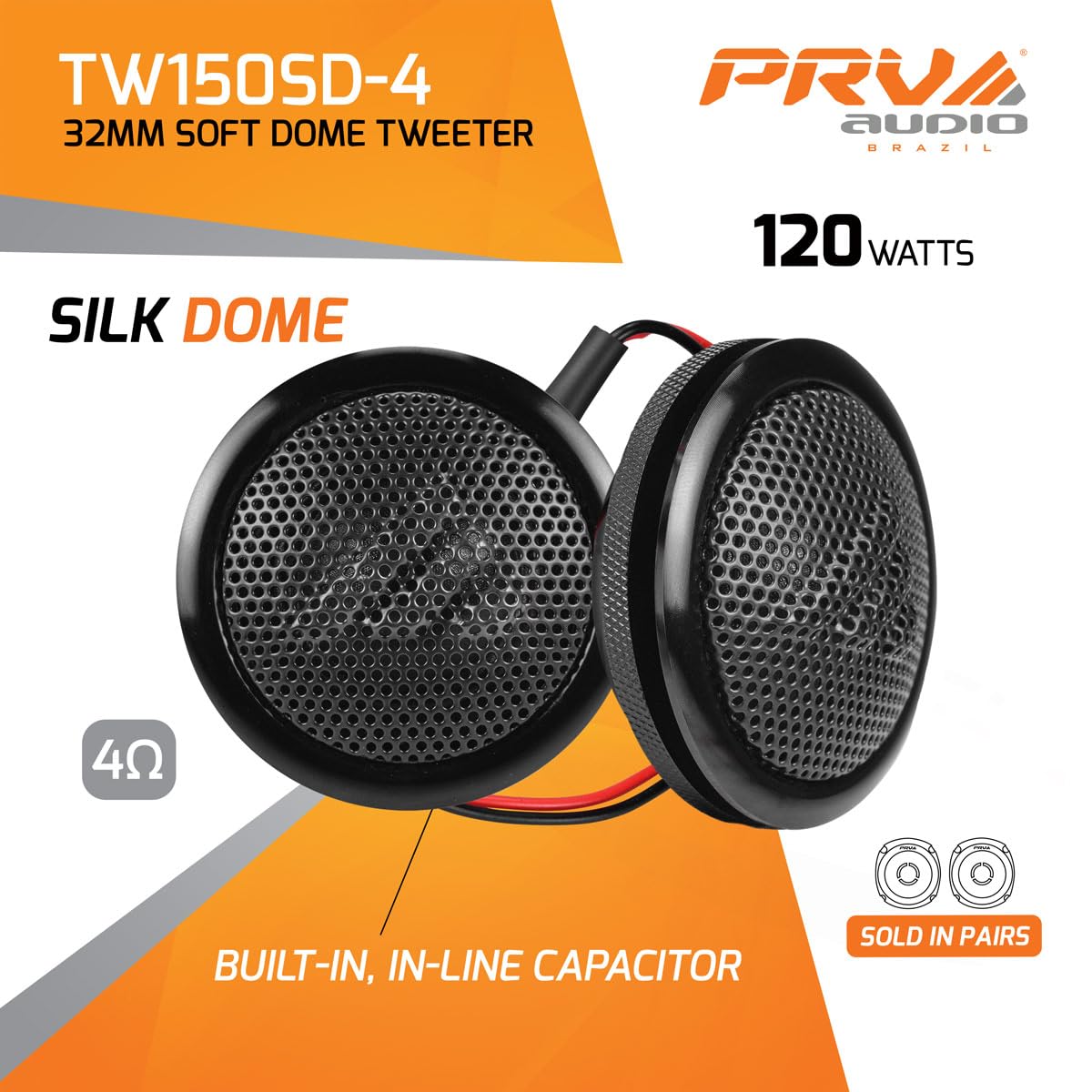 PRV AUDIO Soft Dome Tweeters 240 Watts 4 Ohm TW150SD-4 with Built-in Crossover, 32 mm Silk Dome, Neodymium Magnet for Car Audio and Motorcycle Systems Easy Flush Mount (Pair)