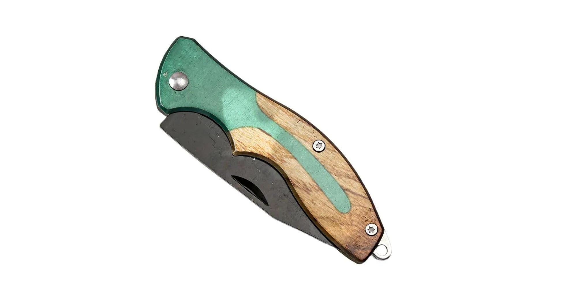 Green and Wood Handle Pocket Knife Camping Thin and Lightweight