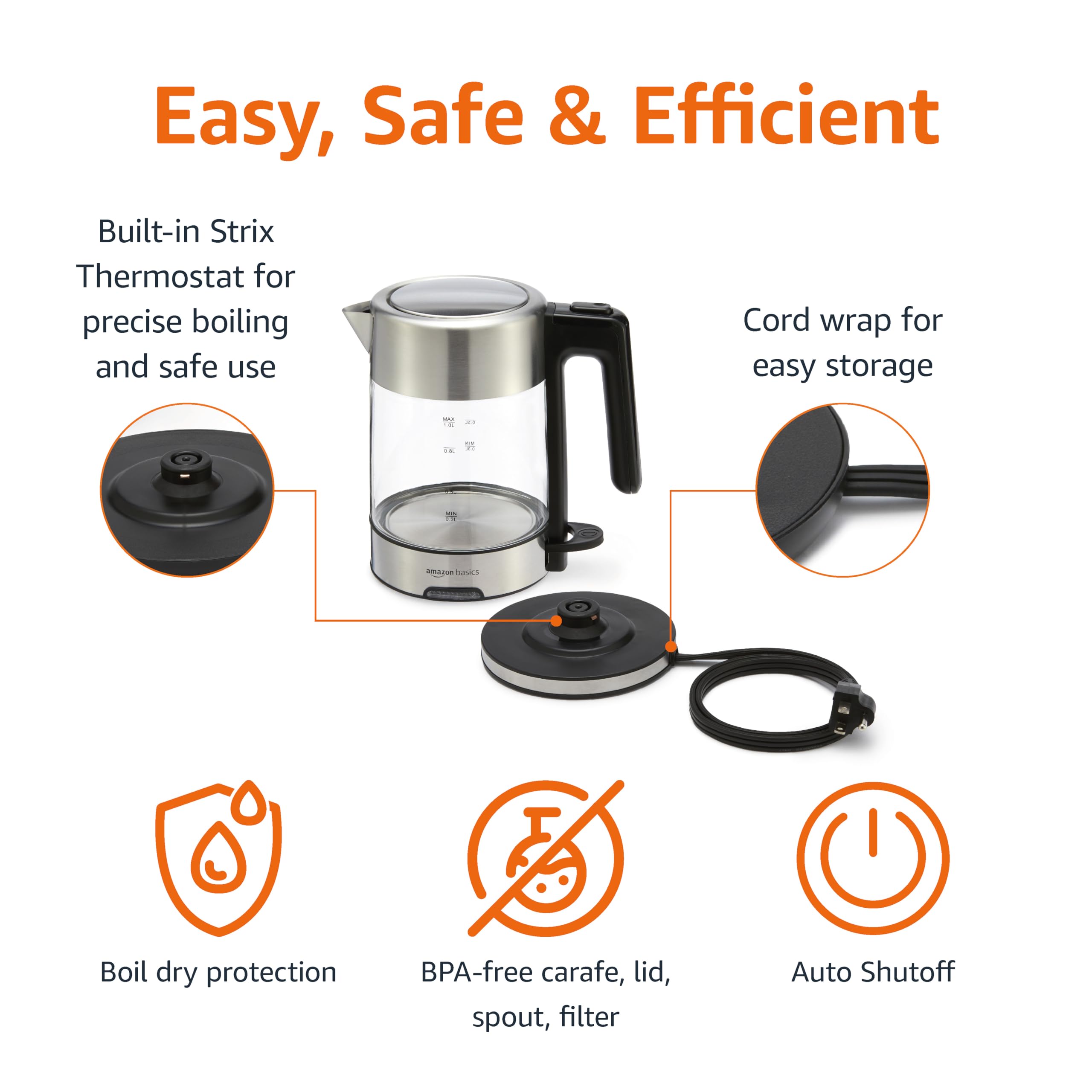 Amazon Basics Electric Glass and Steel Hot Tea Water Kettle, 1.7-Liter