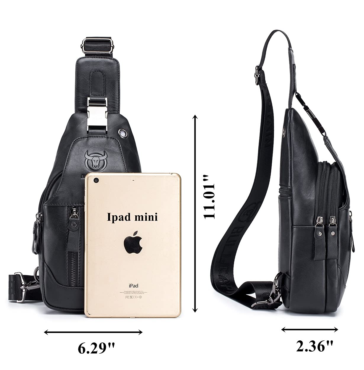 BULLCAPTAIN Genuine Leather Men's Sling Shoulder Backpack Multi-pocket Crossbody Chest Bags Travel Hiking Daypack with Earphone Hole (Black)