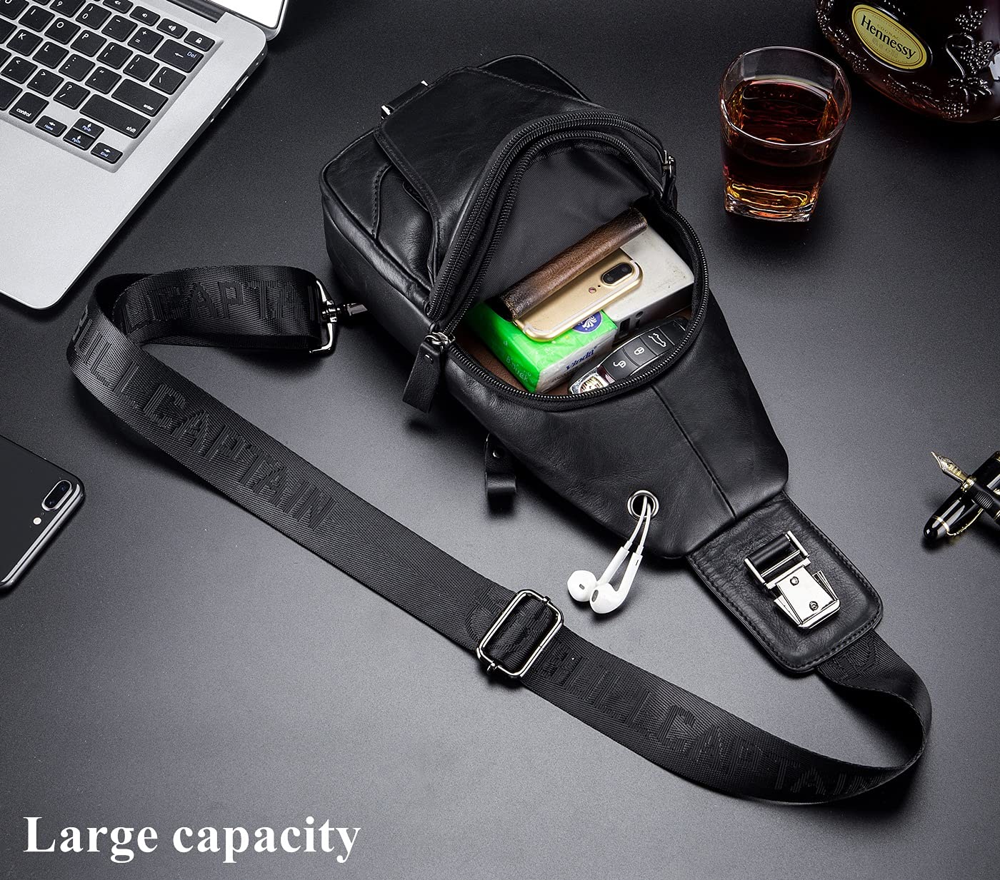 BULLCAPTAIN Genuine Leather Men's Sling Shoulder Backpack Multi-pocket Crossbody Chest Bags Travel Hiking Daypack with Earphone Hole (Black)
