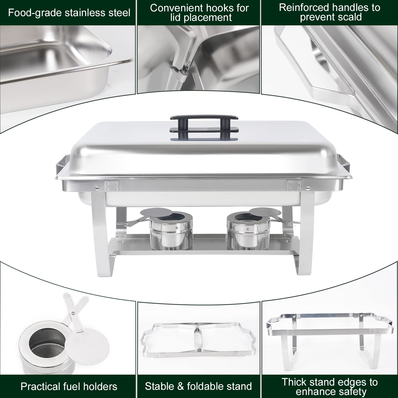 IMACONE Chafing Dish Buffet Set of 2, 8QT Stainless Steel Rectangular Chafers and Buffet Warmer Sets for Catering, with Food & Water Pan, Lid, Foldable Frame, Fuel Holder for Event Party Holiday