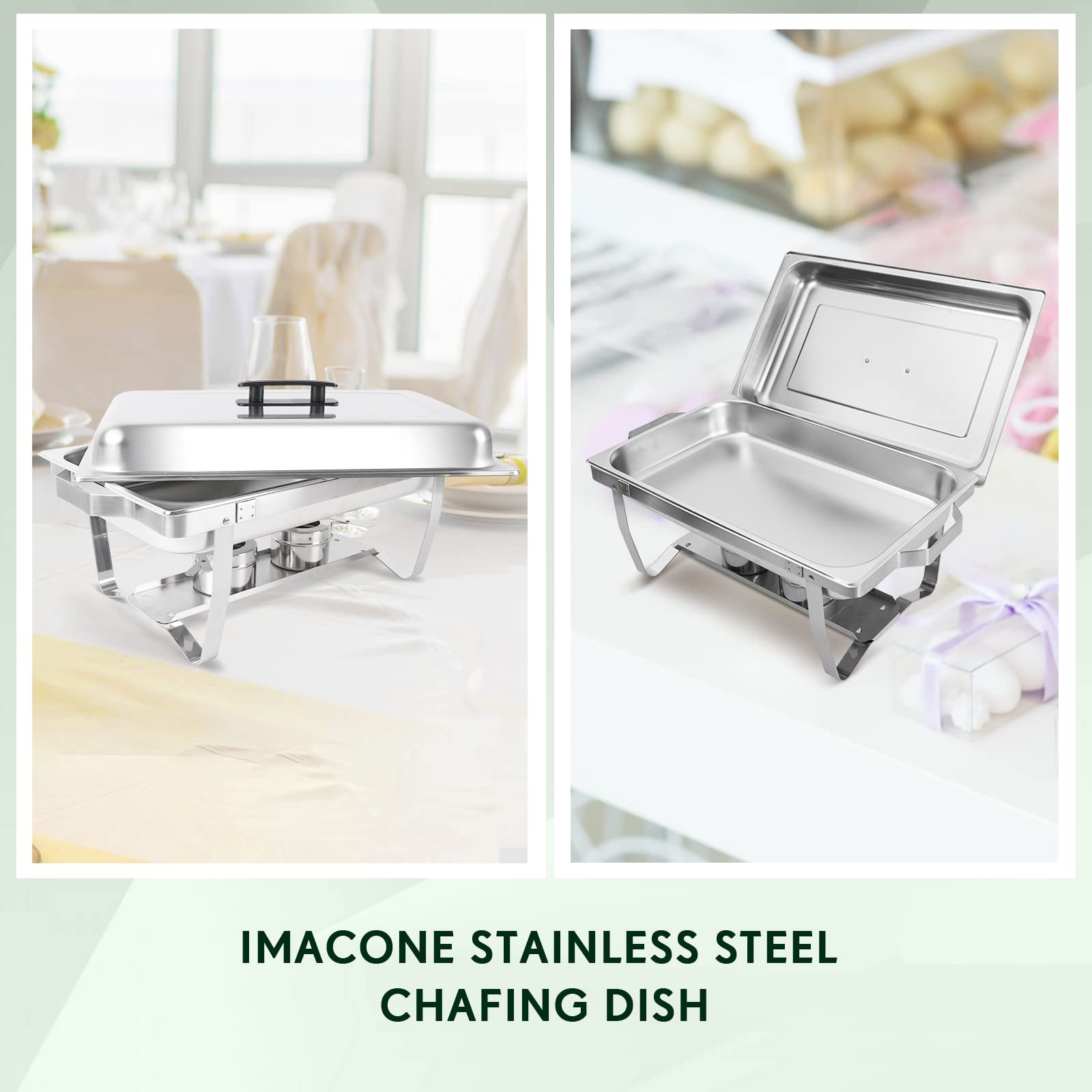 IMACONE Chafing Dish Buffet Set of 2, 8QT Stainless Steel Rectangular Chafers and Buffet Warmer Sets for Catering, with Food & Water Pan, Lid, Foldable Frame, Fuel Holder for Event Party Holiday