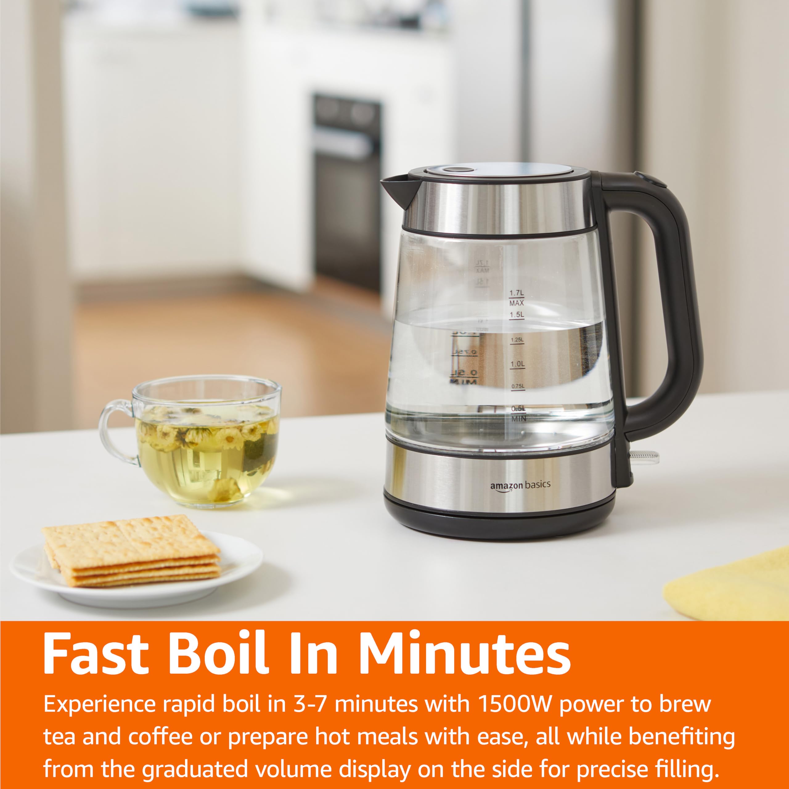 Amazon Basics Electric Glass and Steel Hot Tea Water Kettle, 1.7-Liter