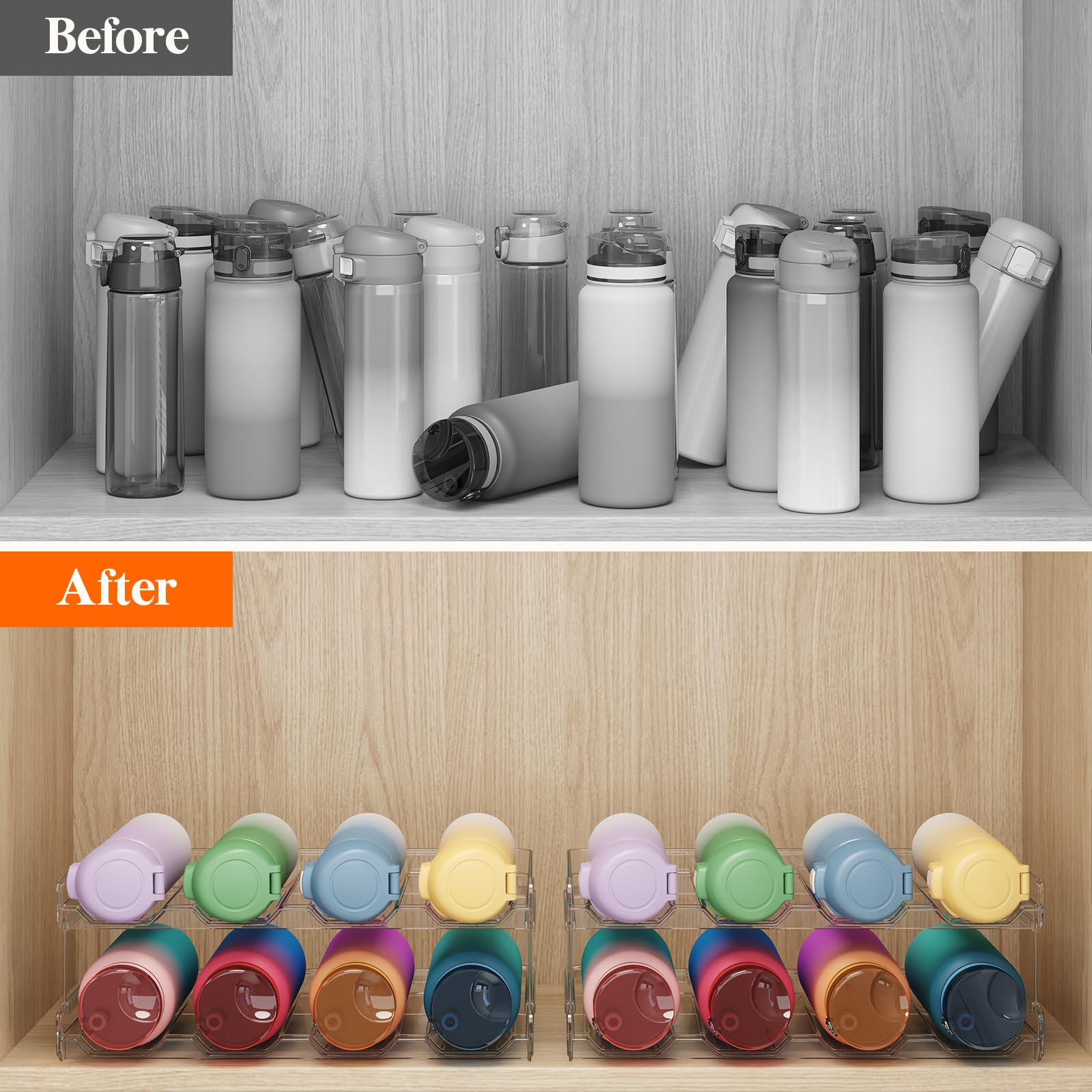 Lifewit Stackable Water Bottle Organizer for Cabinet, Freezer, Pantry - Plastic Cup Holder, Wine Racks for Kitchen Tabletop Storage, Cupboard, Office - Pack of 2, Each Rack Holds 4 Containers