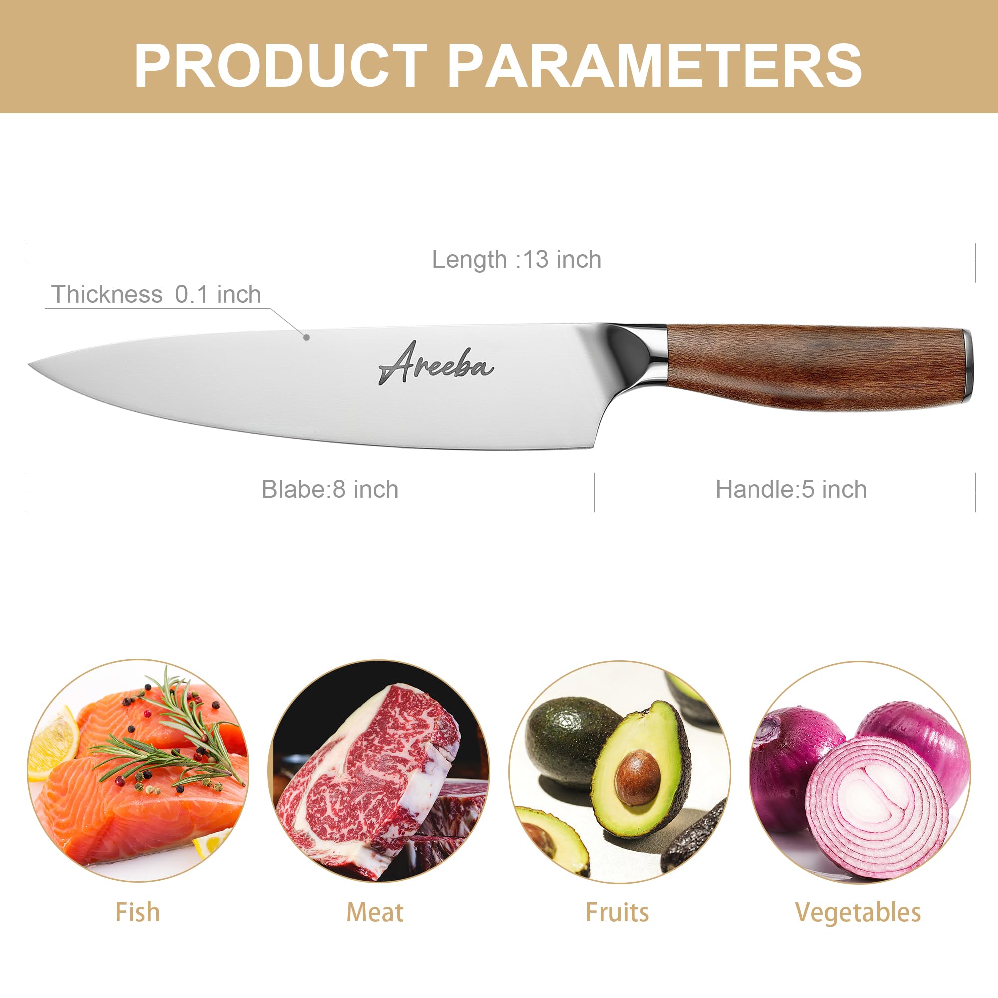 Areeba Chef Knife, Razor Sharp 8 Inch Kitchen Knife with Ebana Wood Handle High Carbon Stainless Steel Professional Cooking Chef's Knives with Gift Box
