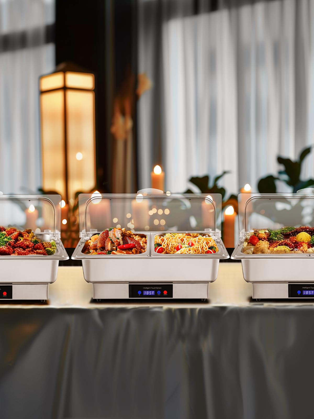 YORKING Electric Chafing Dish,9 QT Full Size with 4 x 4.5 QT Half Size Chafing Dish Buffet Set, Buffet Servers and Warmers with Roll Top & Temperature Control Display, Catering Food Warmer for Parties