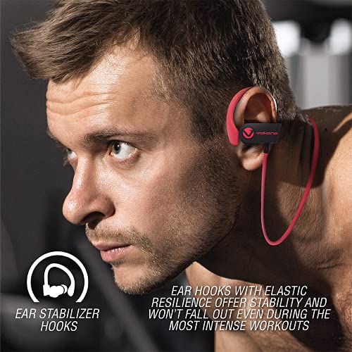 Volkano Wireless Workout Earphones, Wireless Headphones Workout with Over Ear Hook for Running, Rechargeable Earbuds 3HR Playback & Micro USB Charger, Inline Button Control [Red/Black] - Race Series