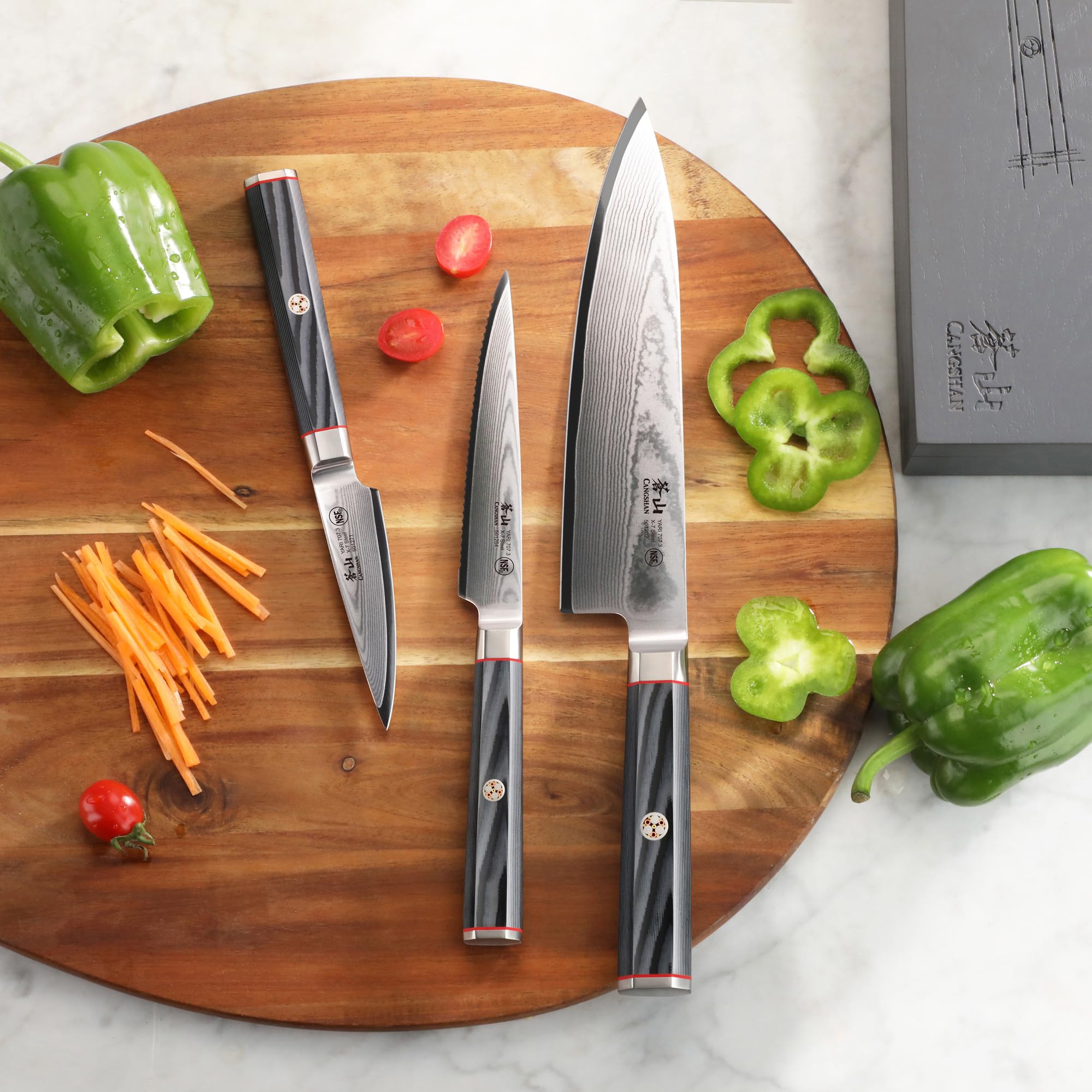 Cangshan YARI Series Starter Knife Set With Ash Wood Box, X-7 Damascus Steel (3-Piece)