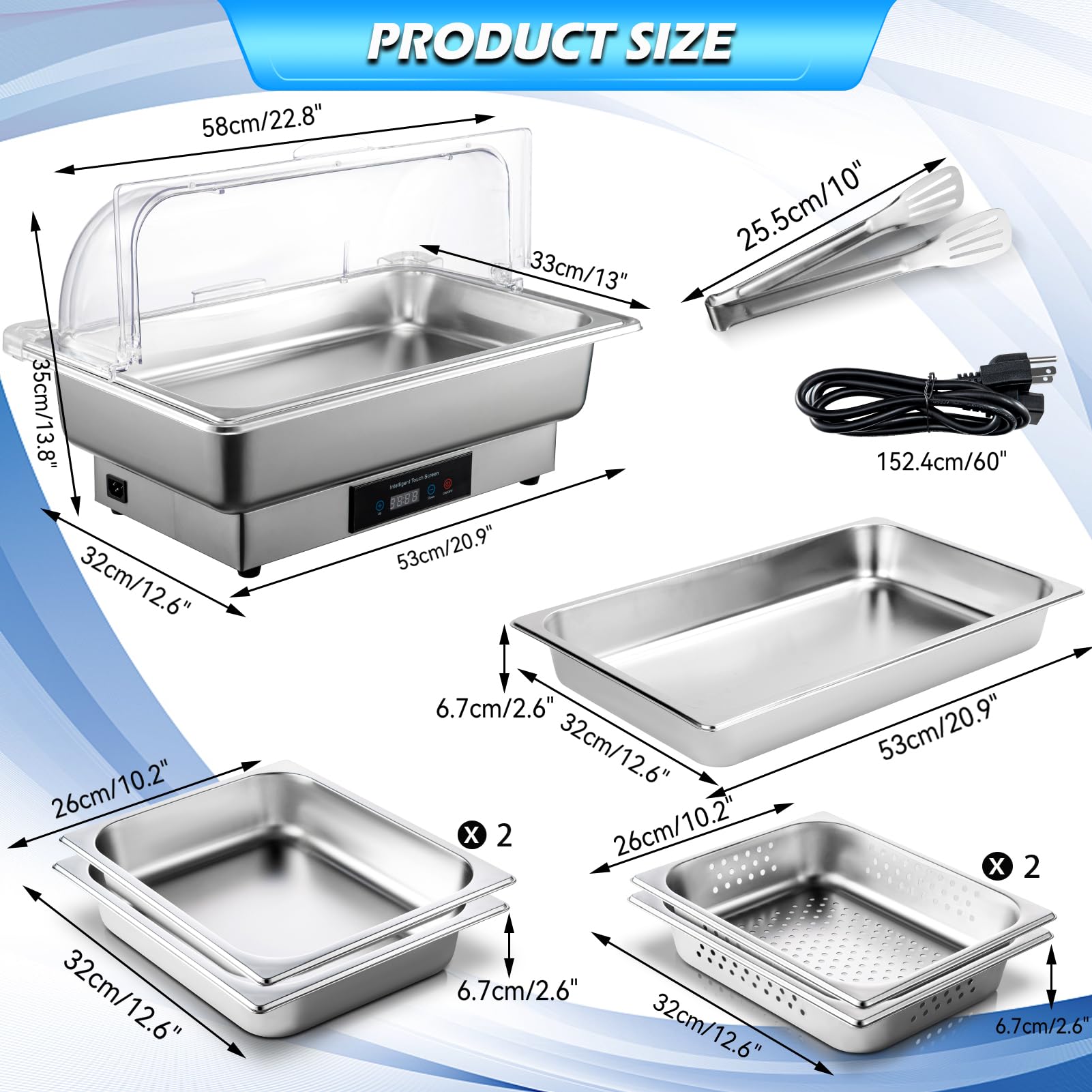 YORKING Electric Chafing Dish,9 QT Full Size with 4 x 4.5 QT Half Size Chafing Dish Buffet Set, Buffet Servers and Warmers with Roll Top & Temperature Control Display, Catering Food Warmer for Parties