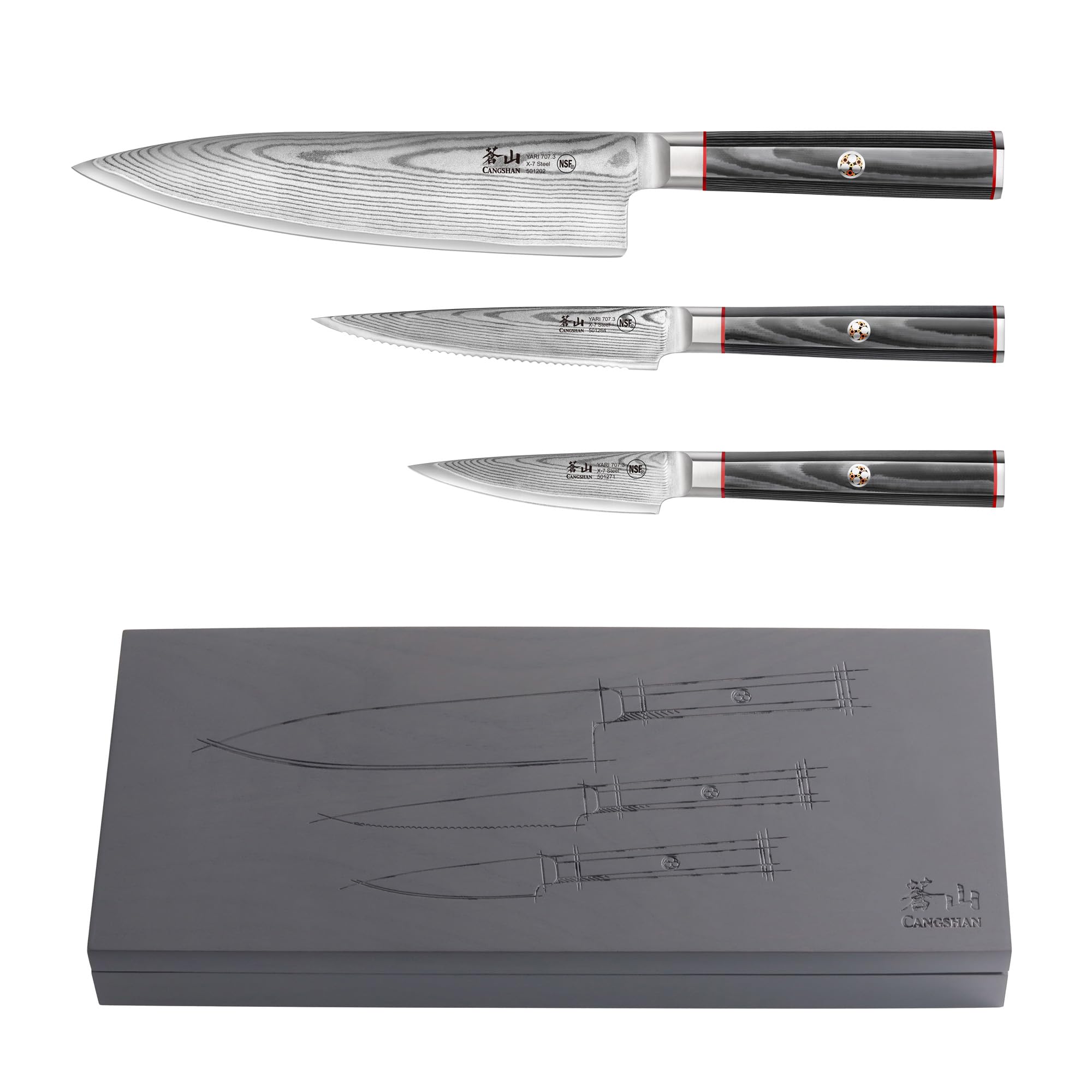 Cangshan YARI Series Starter Knife Set With Ash Wood Box, X-7 Damascus Steel (3-Piece)
