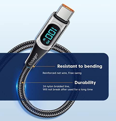ESSAGER 100W USB C to USB C Cable with Display, 6.6ft 5A PD QC 5.0 Type C to Type C Cable Super Fast Charging USB C Cable(6.6ft, Black, 1 Pack)