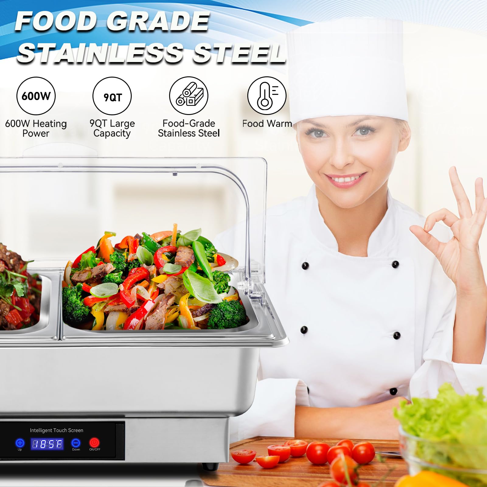 YORKING Electric Chafing Dish,9 QT Full Size with 4 x 4.5 QT Half Size Chafing Dish Buffet Set, Buffet Servers and Warmers with Roll Top & Temperature Control Display, Catering Food Warmer for Parties