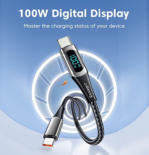 ESSAGER 100W USB C to USB C Cable with Display, 6.6ft 5A PD QC 5.0 Type C to Type C Cable Super Fast Charging USB C Cable(6.6ft, Black, 1 Pack)