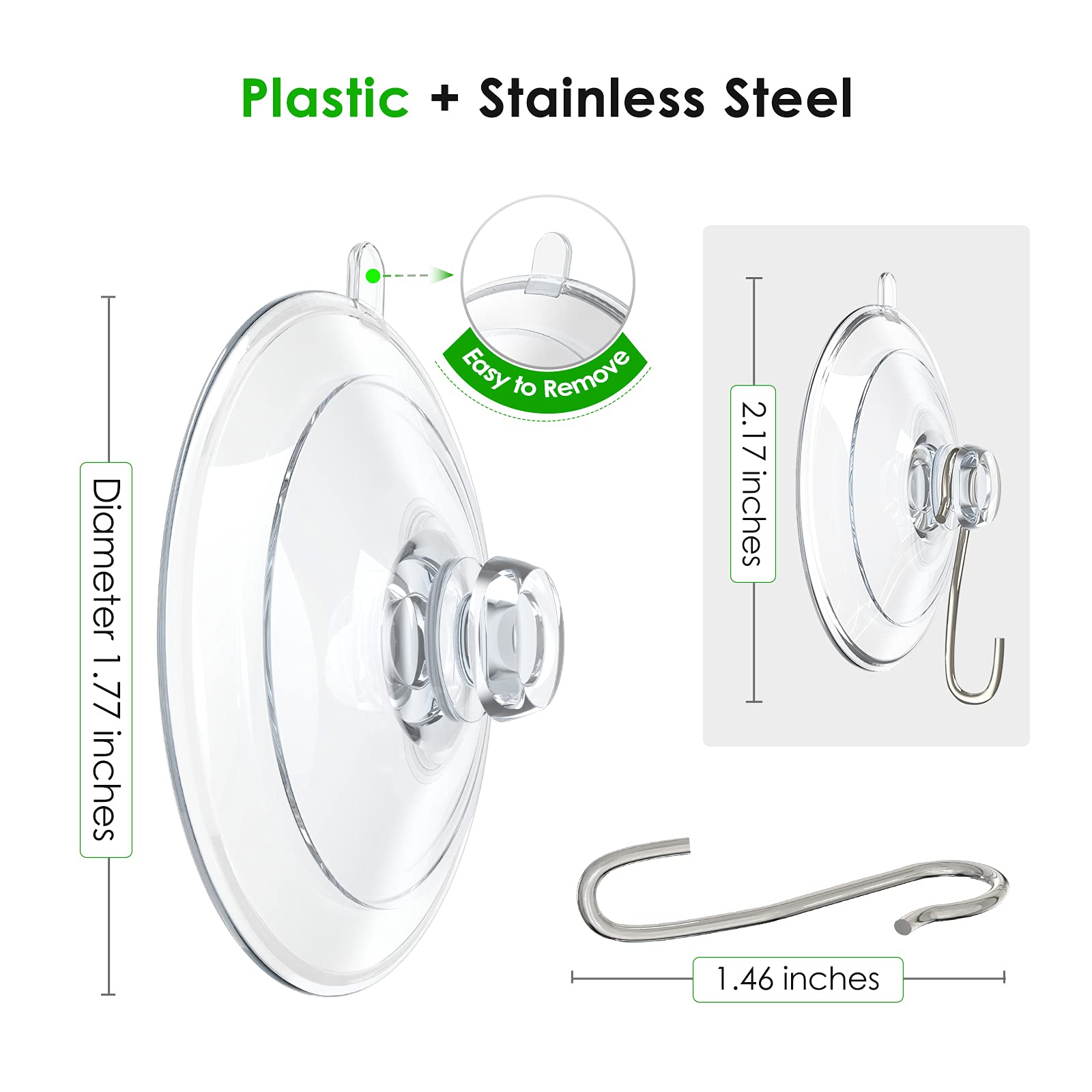 HangerSpace Suction Cup Hooks, 1.77 Inches Clear PVC Suction Cups with Metal Hooks Removable Small Suction Cups for Kitchen Bathroom Shower Wall Window Glass Door - 12 Packs
