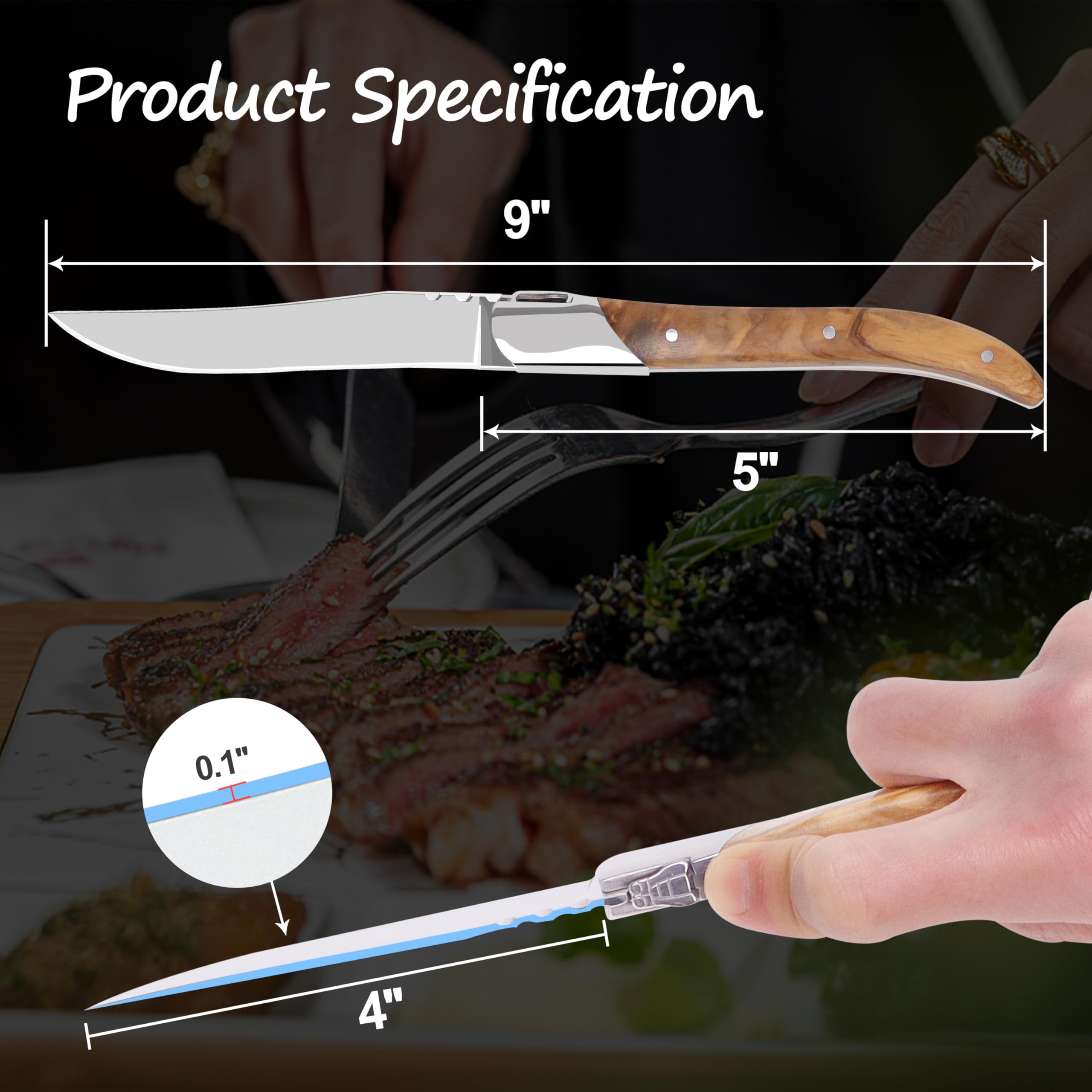 LUVCOSY Laguiole Style Steak Knife Set of 8, Non-serrated Steak Knife Set with Olive Wood Handle, Sharp Stainless Steel Steak Knives with Gift Box, Dinner Cutlery Set for Home Party