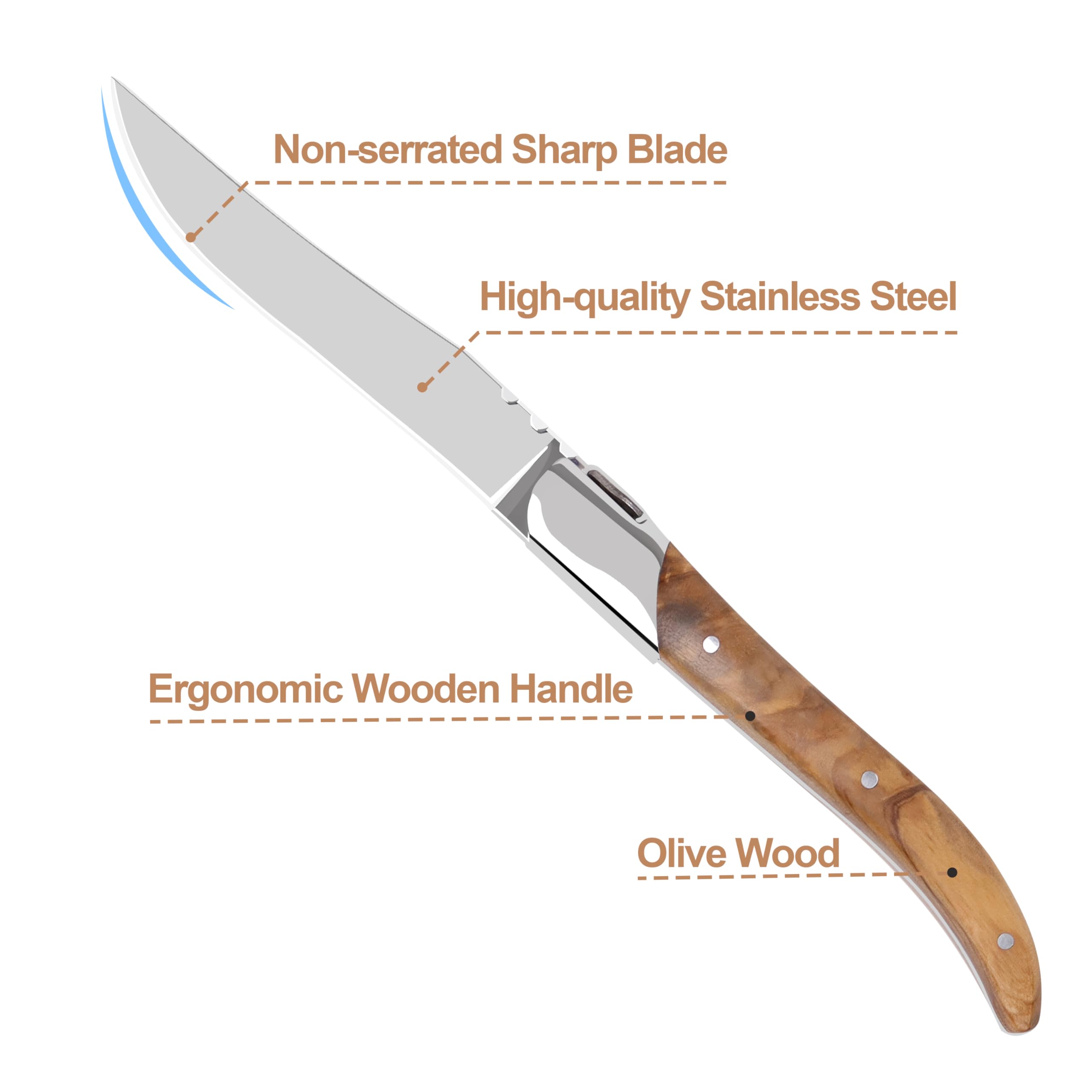 LUVCOSY Laguiole Style Steak Knife Set of 8, Non-serrated Steak Knife Set with Olive Wood Handle, Sharp Stainless Steel Steak Knives with Gift Box, Dinner Cutlery Set for Home Party
