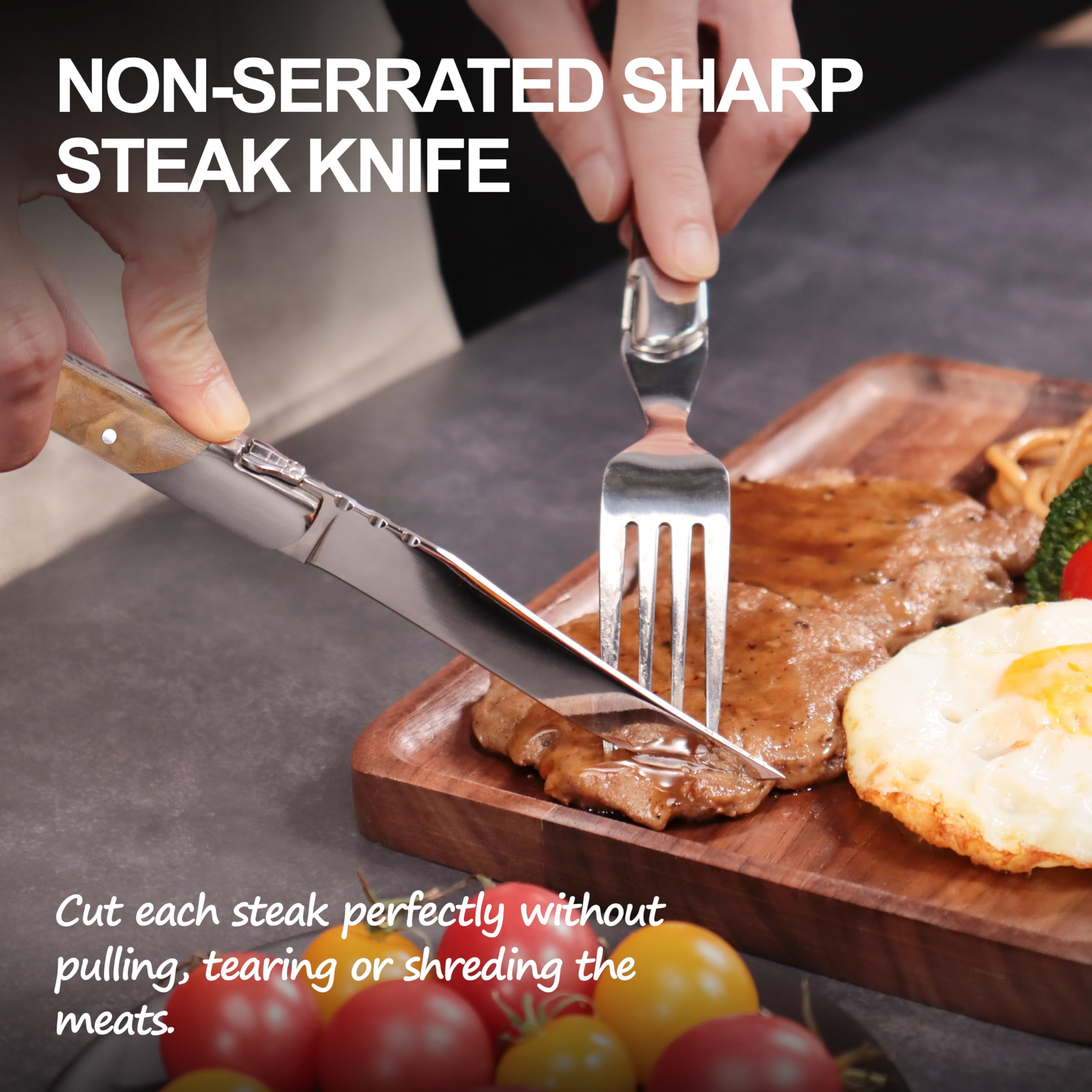 LUVCOSY Laguiole Style Steak Knife Set of 8, Non-serrated Steak Knife Set with Olive Wood Handle, Sharp Stainless Steel Steak Knives with Gift Box, Dinner Cutlery Set for Home Party