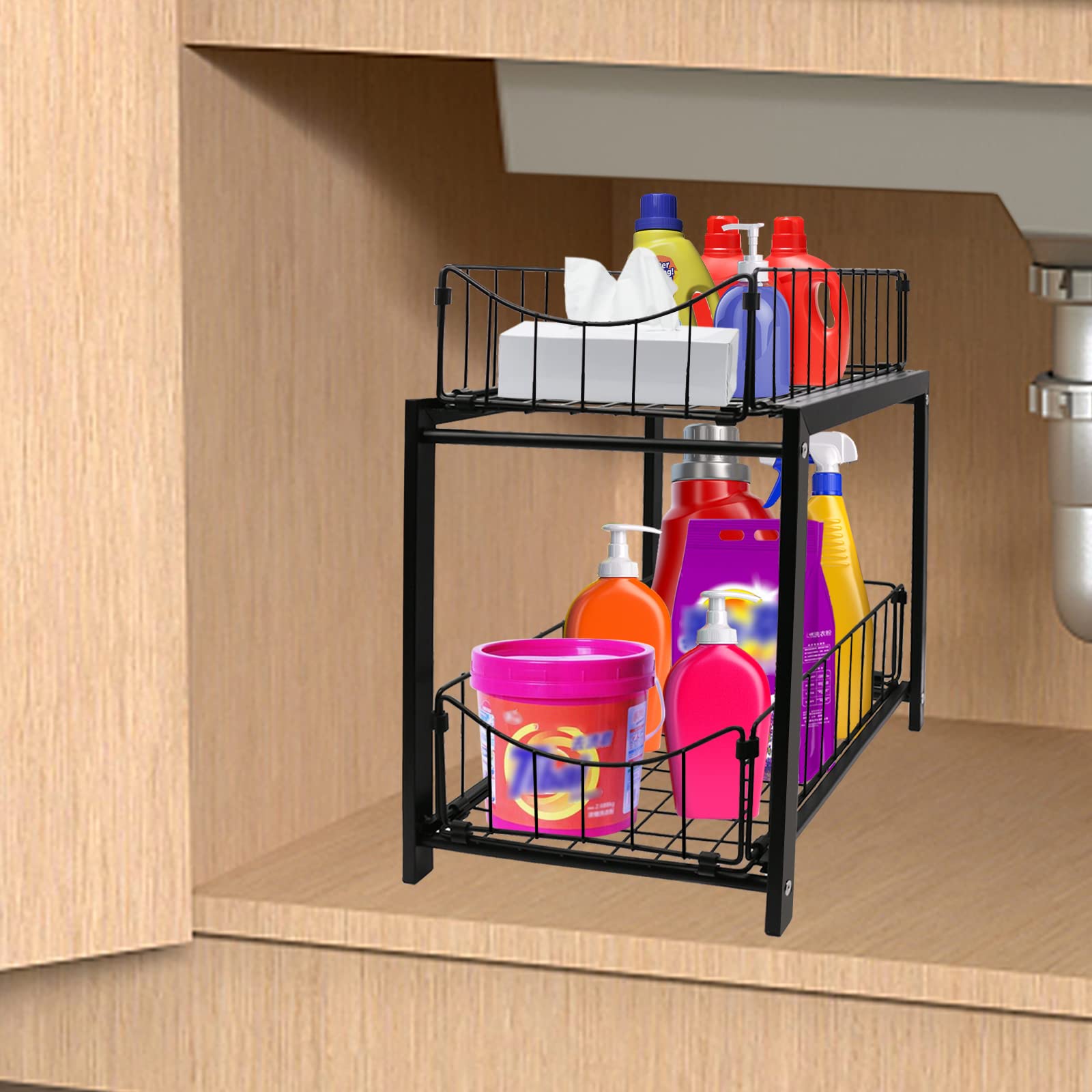 Under Sink Storage, 2 Tier Cabinet Organizer with Sliding Drawer, Easy to Assemble Pull-Out Storage Mesh Basket, Organization for Bathroom, Kitchen, Home (Black)