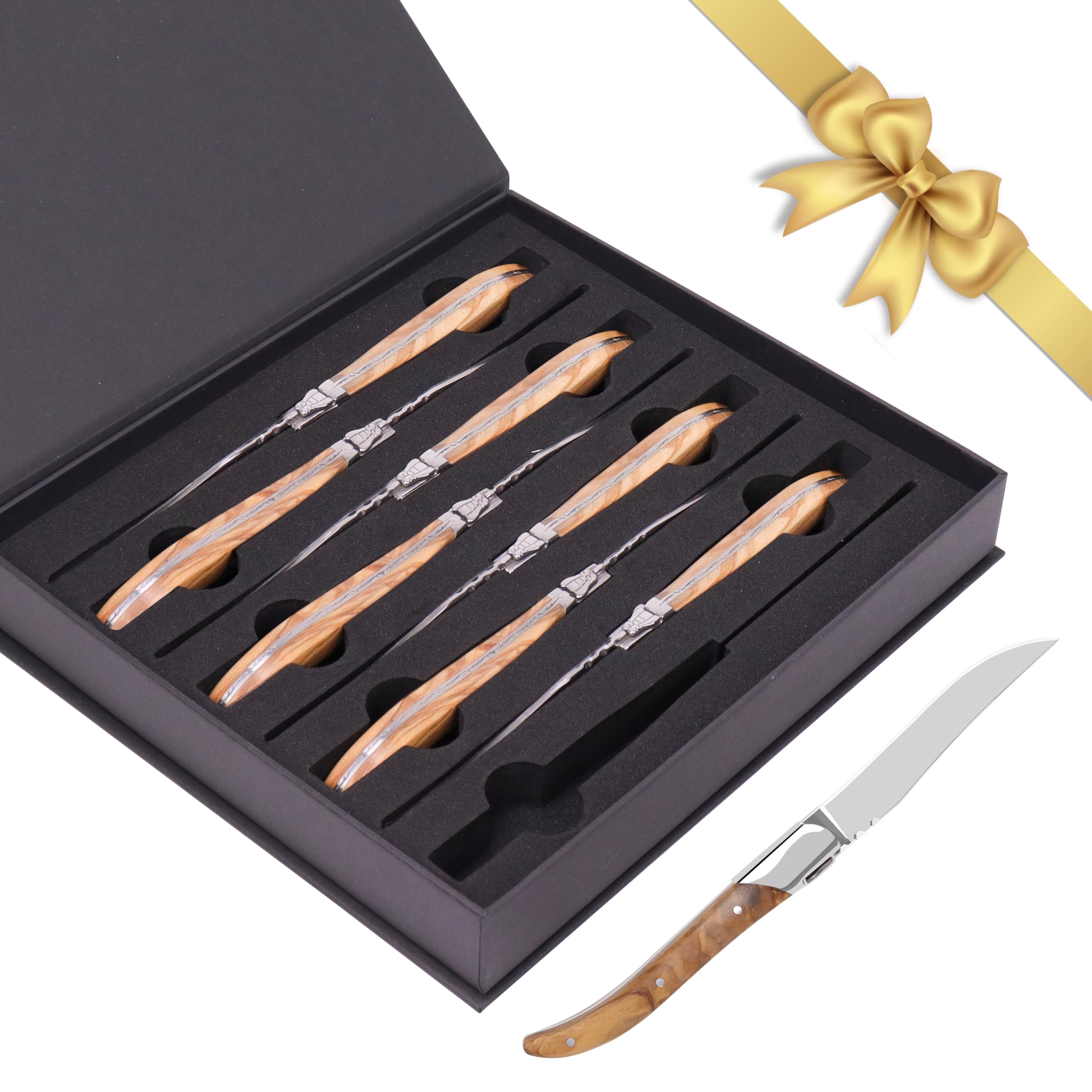 LUVCOSY Laguiole Style Steak Knife Set of 8, Non-serrated Steak Knife Set with Olive Wood Handle, Sharp Stainless Steel Steak Knives with Gift Box, Dinner Cutlery Set for Home Party