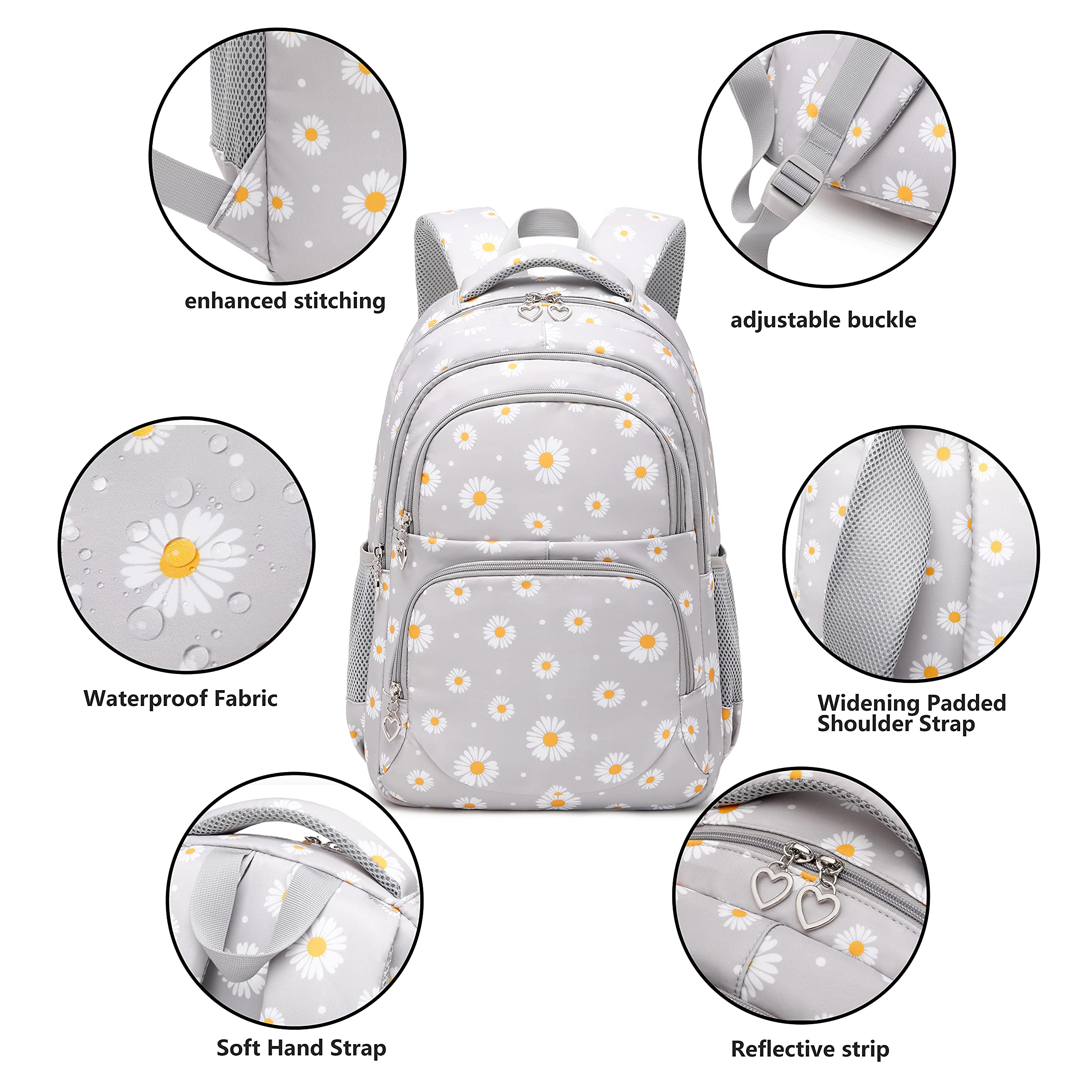 Backpack for Girls Kids Bookbag Primary School Daypack Teens Girls Bags with Lunch Box set (Daisy Grey)