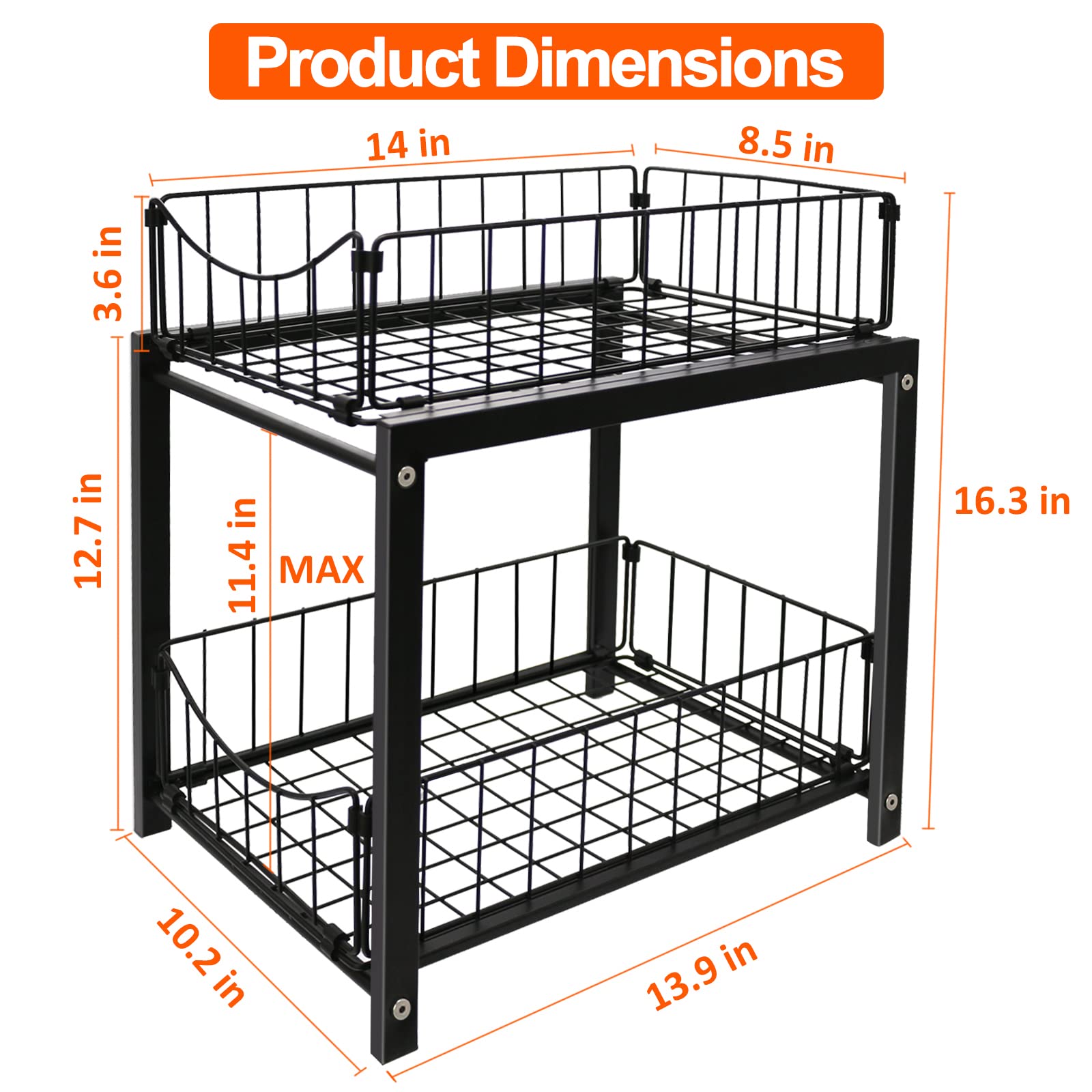 Under Sink Storage, 2 Tier Cabinet Organizer with Sliding Drawer, Easy to Assemble Pull-Out Storage Mesh Basket, Organization for Bathroom, Kitchen, Home (Black)