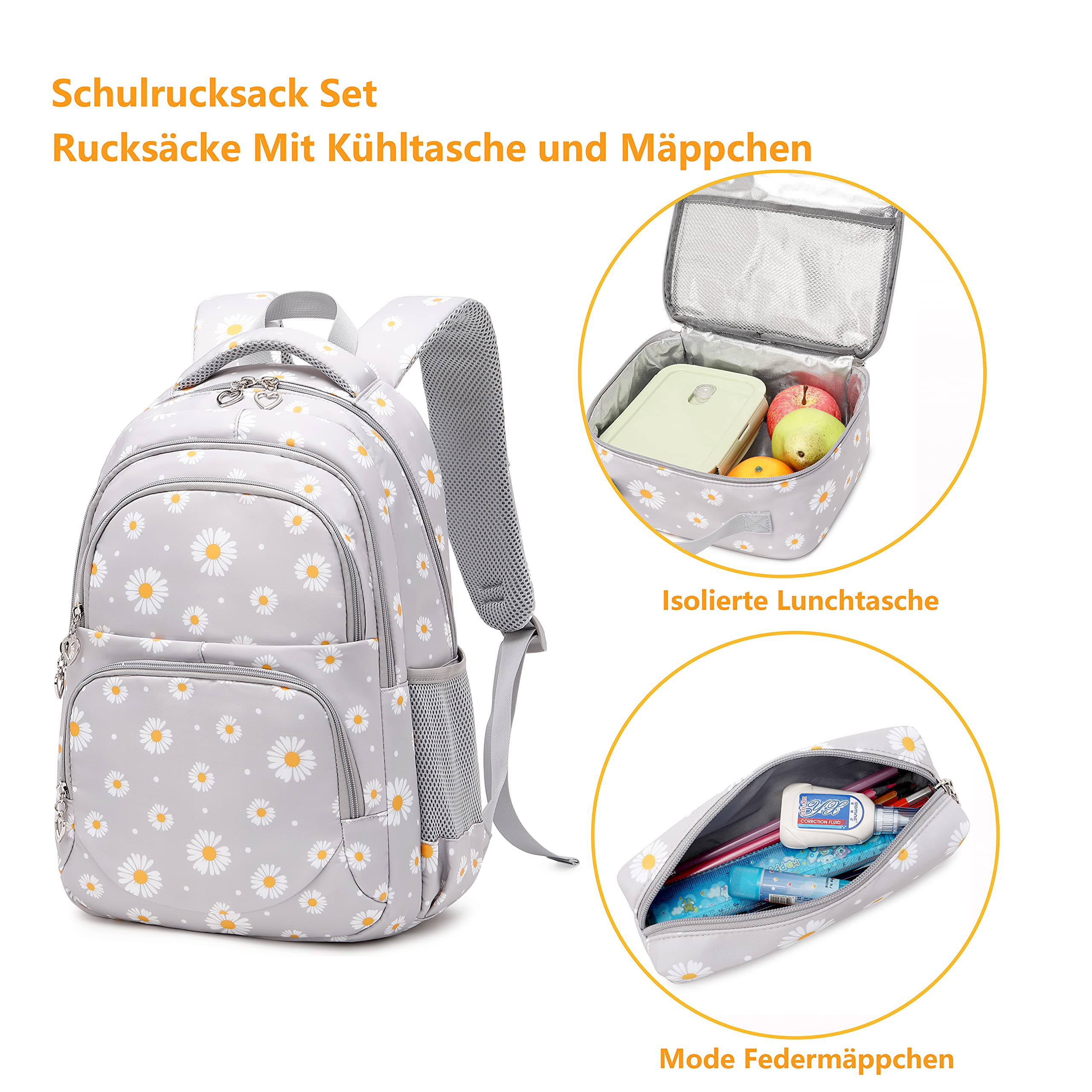Backpack for Girls Kids Bookbag Primary School Daypack Teens Girls Bags with Lunch Box set (Daisy Grey)