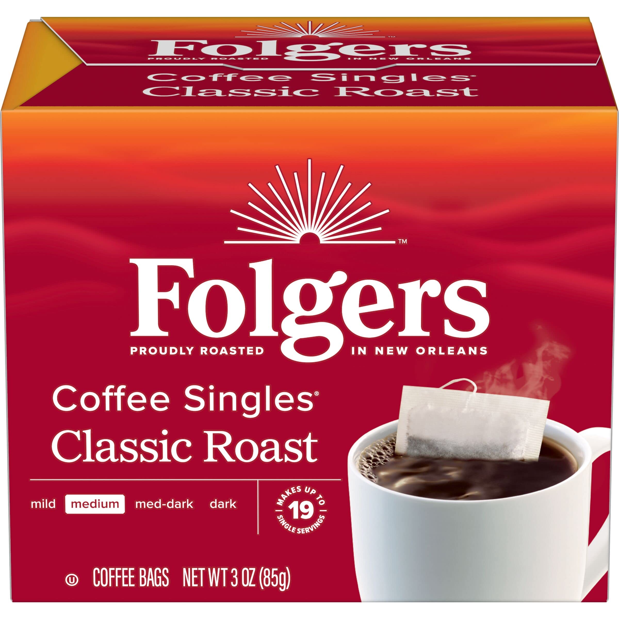 Folgers Coffee Singles Classic Roast Medium Roast Coffee, 19 Single Serve Coffee Bags