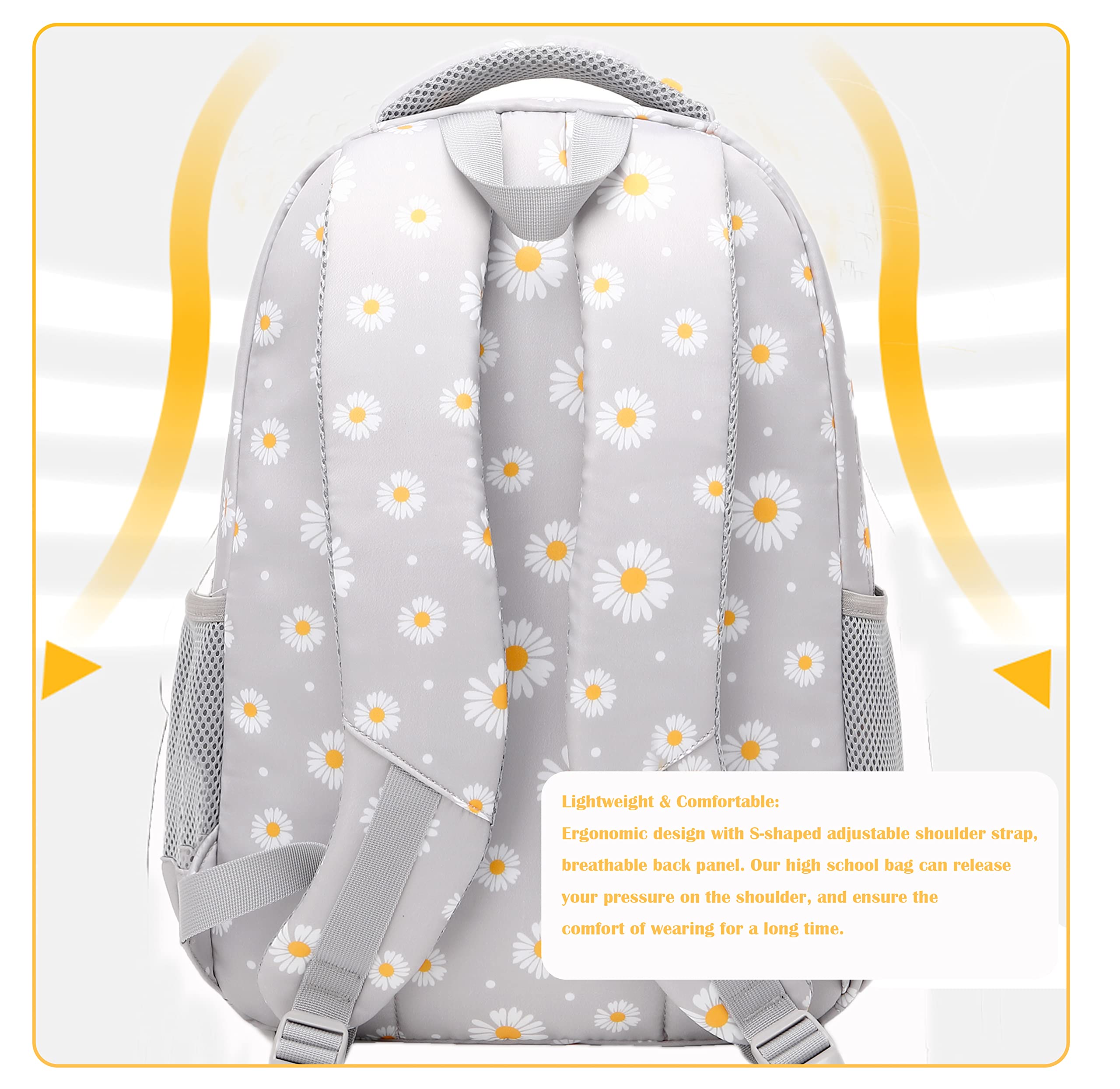 Backpack for Girls Kids Bookbag Primary School Daypack Teens Girls Bags with Lunch Box set (Daisy Grey)